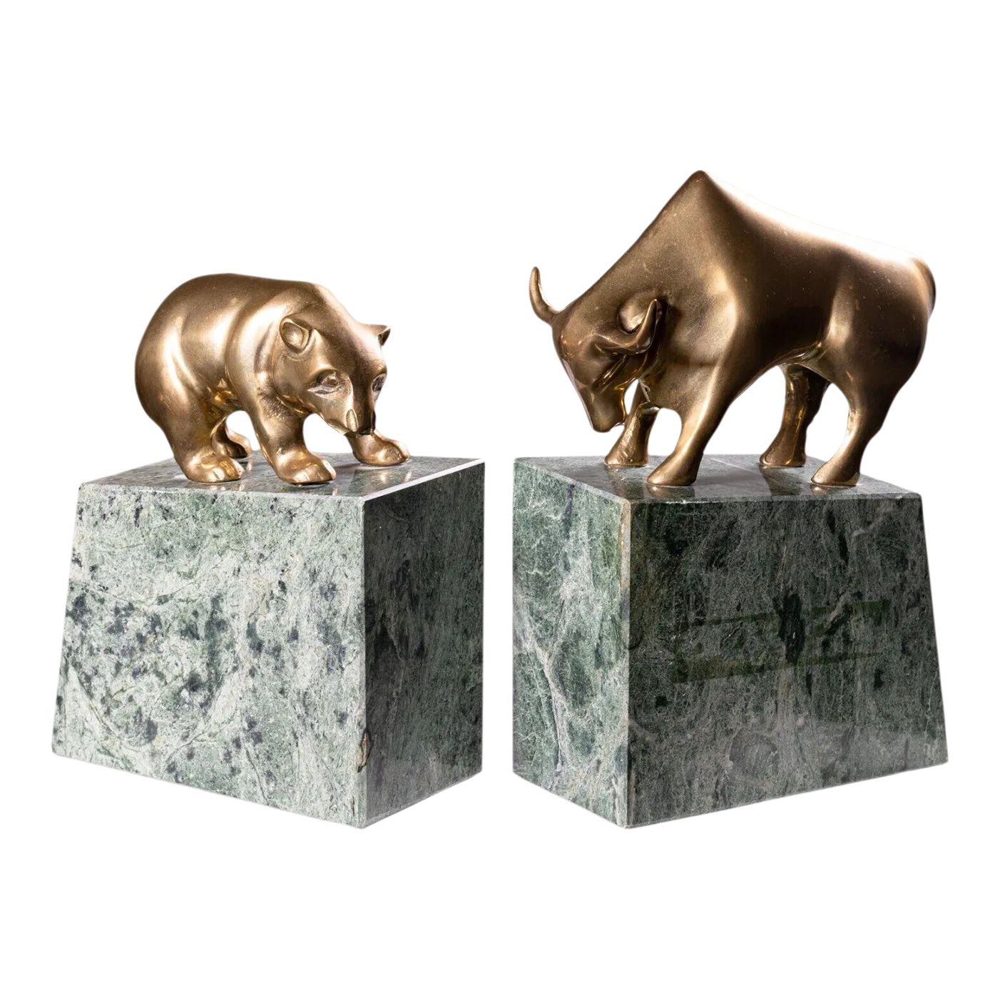 Early 20th Century Art Deco Brass & Marble Bull & Bear Bookends - Set ...
