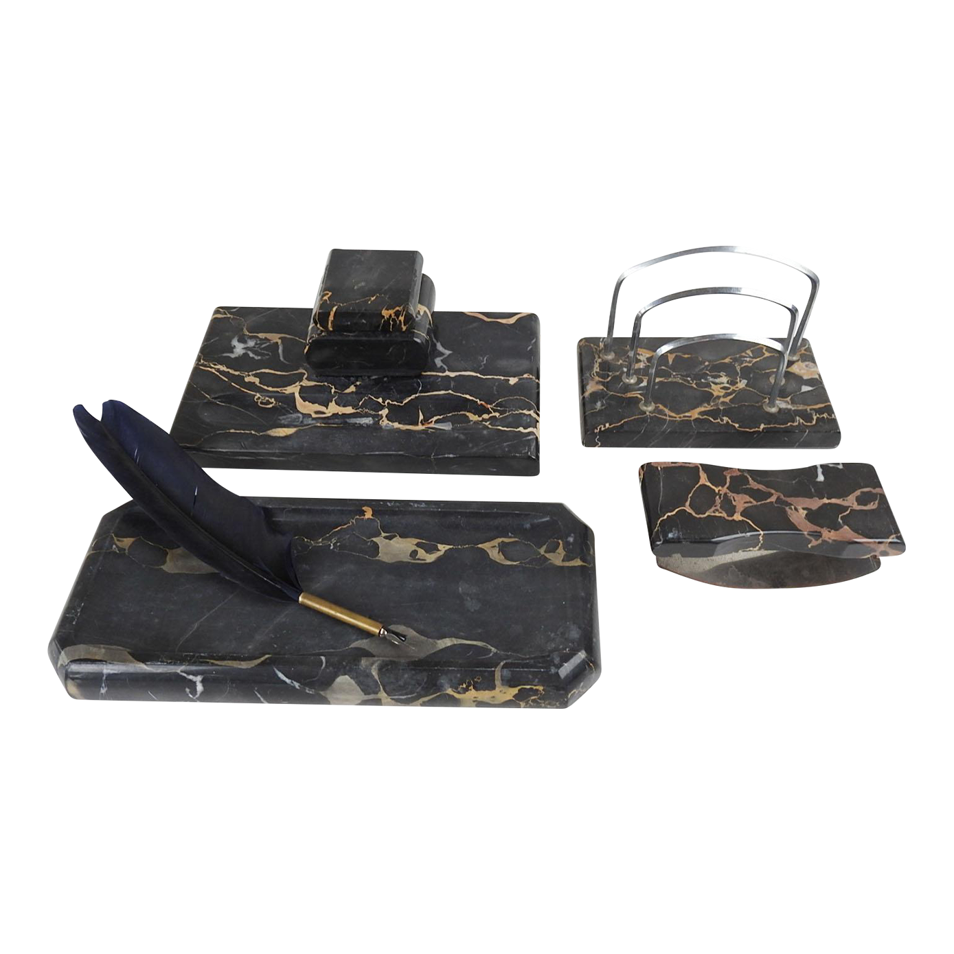 Vintage Zimmermann Art Deco Portoro Marble Desk Set - Set of 5 | Chairish