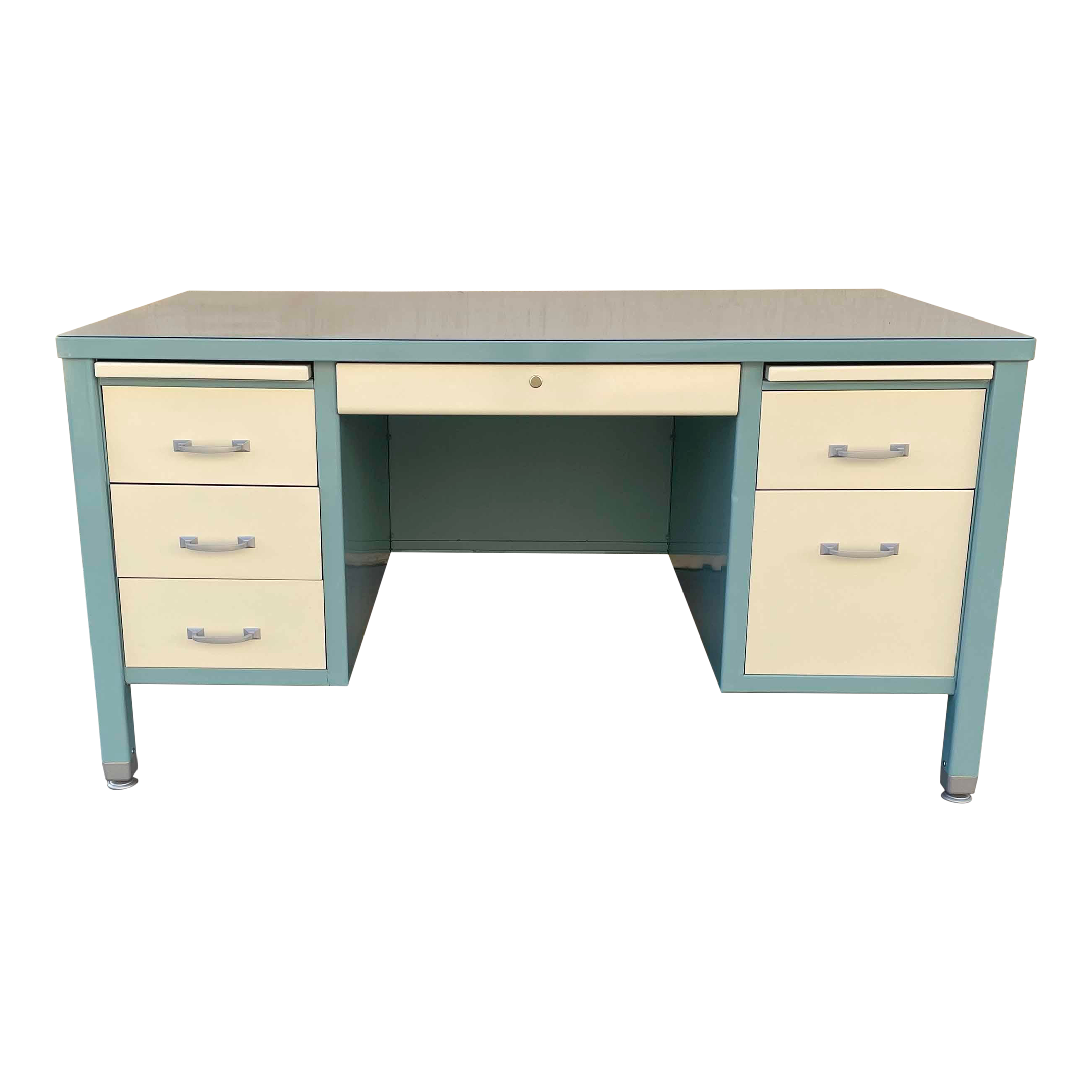 Mid Century Double Pedestal Tanker Desk Refinished in Sea Foam | Chairish