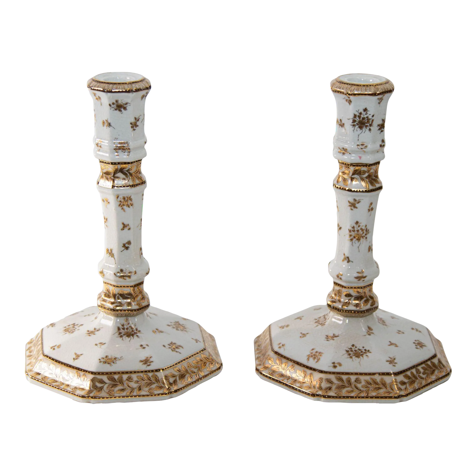 United Wilson Georgian Style Enameled Porcelain Gilded Candlesticks a ...