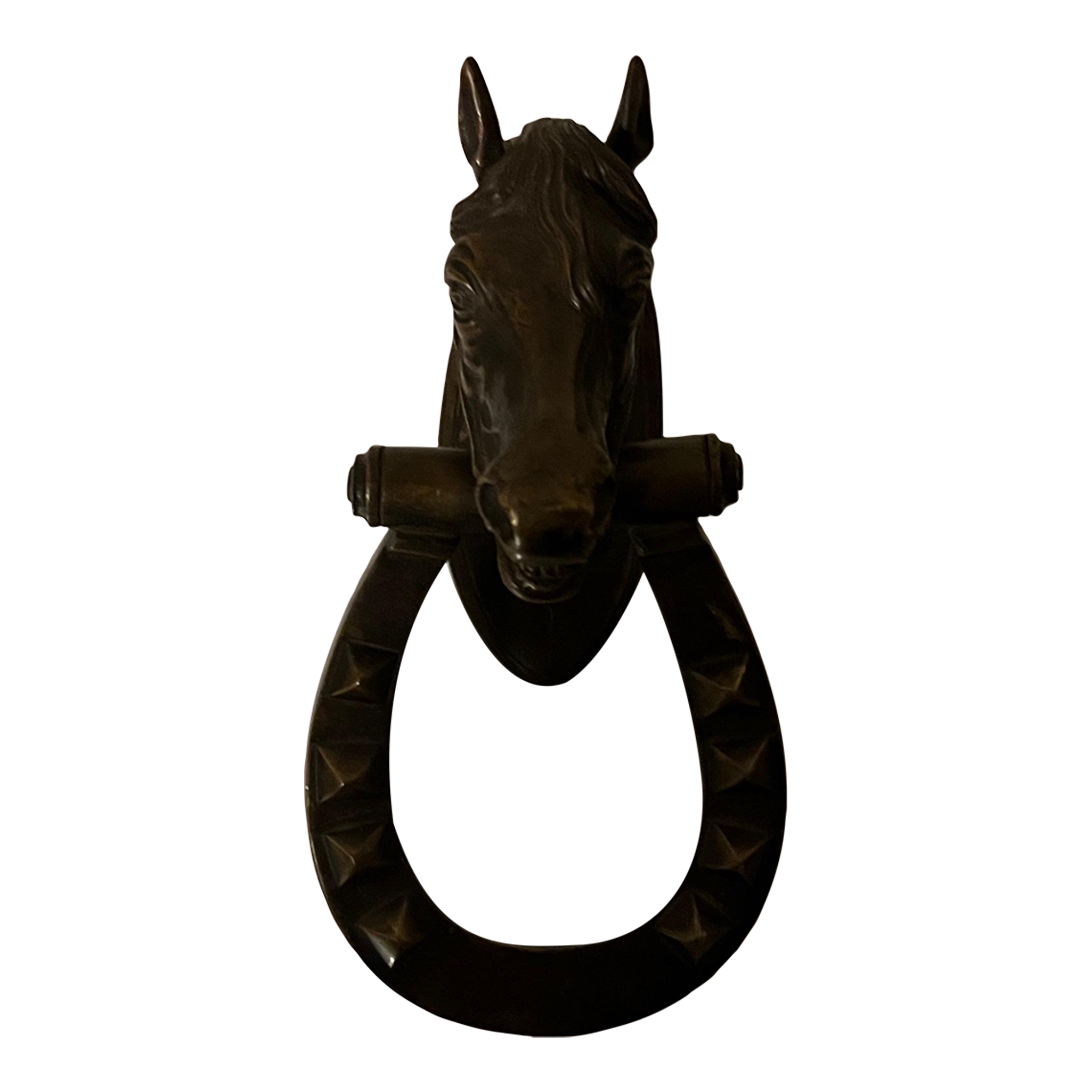 French Bronze Horse Head Door Knocker With Horseshoe Clapper | Chairish
