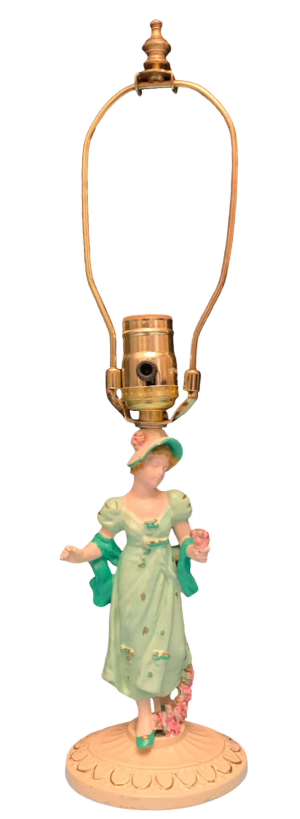 Antique Metal Boudoir Table Lamp: Lady in Mint Green Dress | Chairish