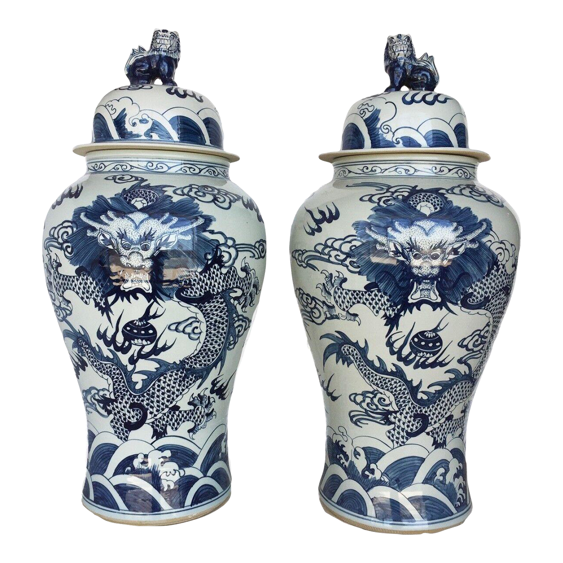 Lg Chinoiserie B & W Porcelain Ginger Jars Dragons Pair 35.5" H | Chairish