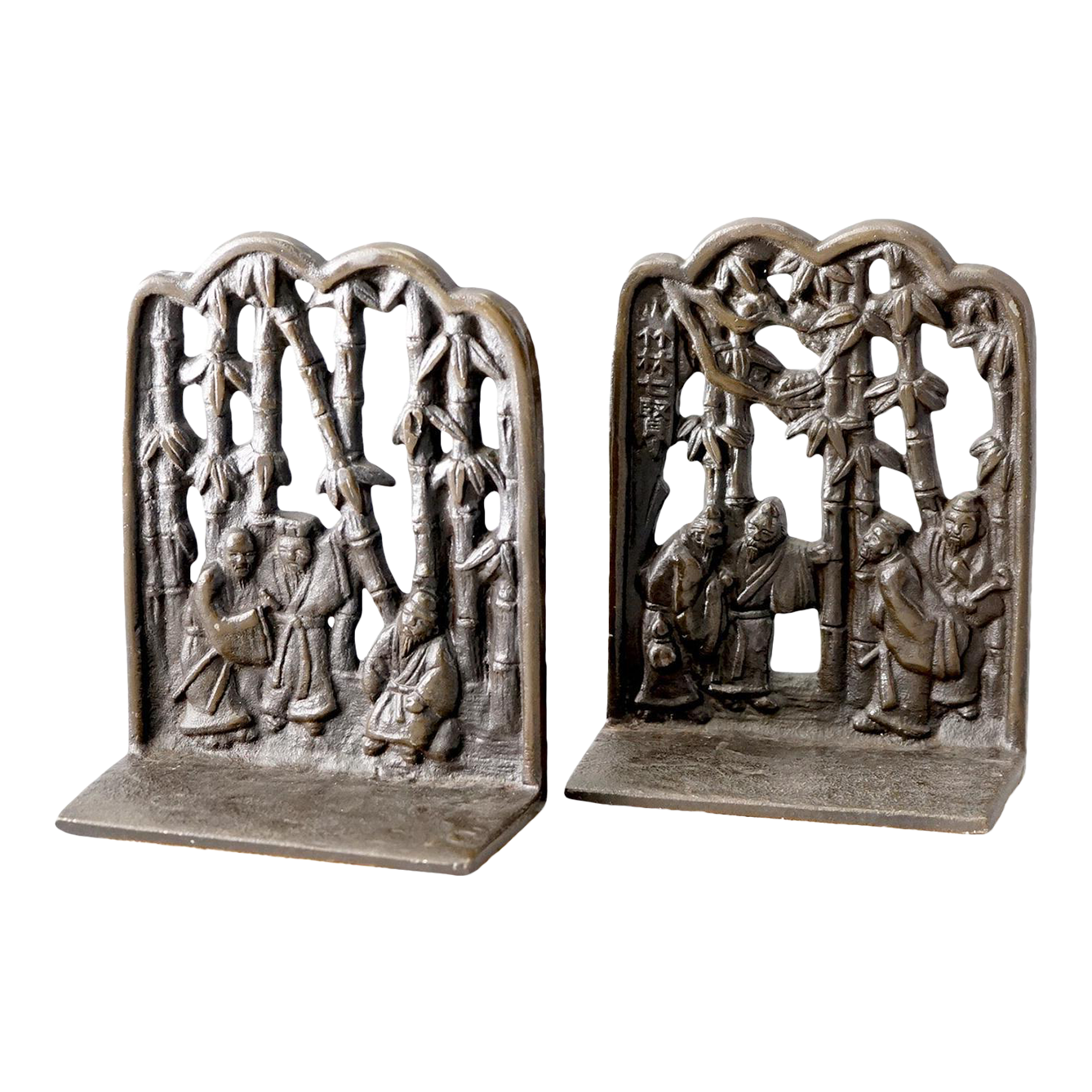 Pair of Chinese Cast Bronze Bookends with Figures & Bamboo, Circa 1920 ...