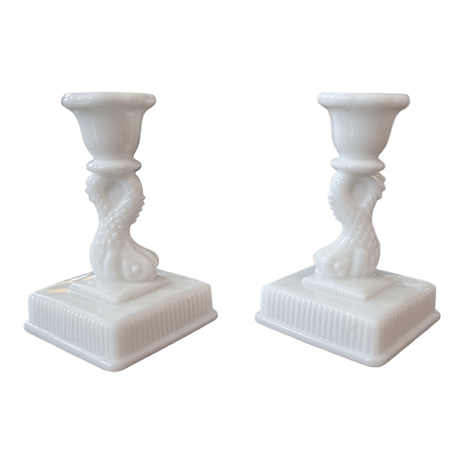 1940s White Milk Glass Dolphin Candlestick Holders by Imperial Glass ...