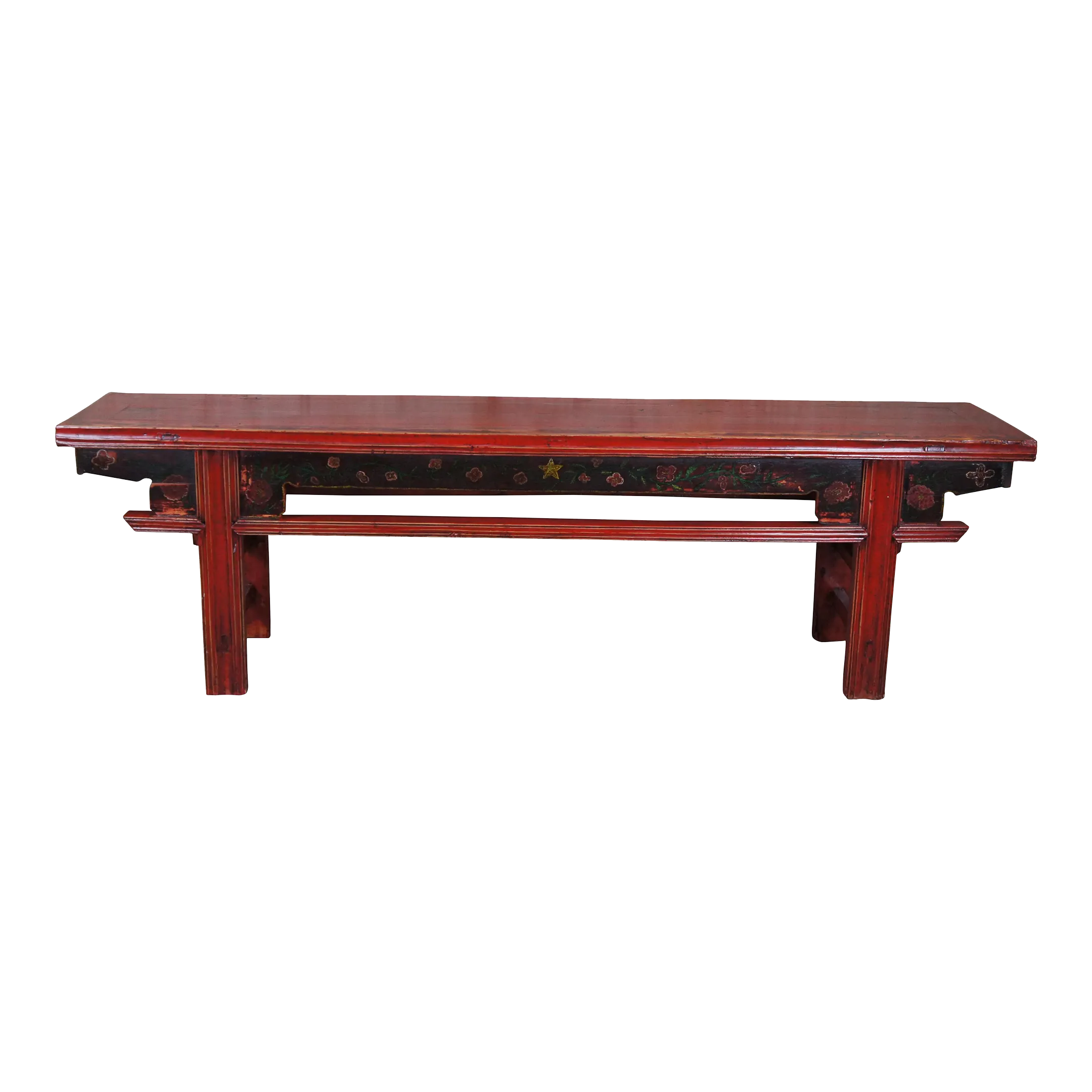 20th Century Chinese Elm Red Lacquer Altar Bench | Chairish