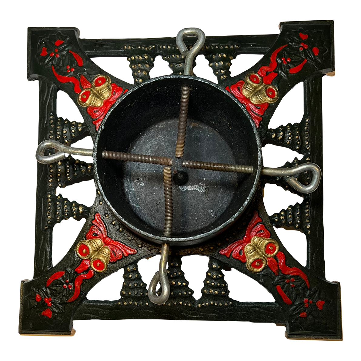Antique Cast Iron Christmas Tree Stand With Festive Gold Bells & Red ...