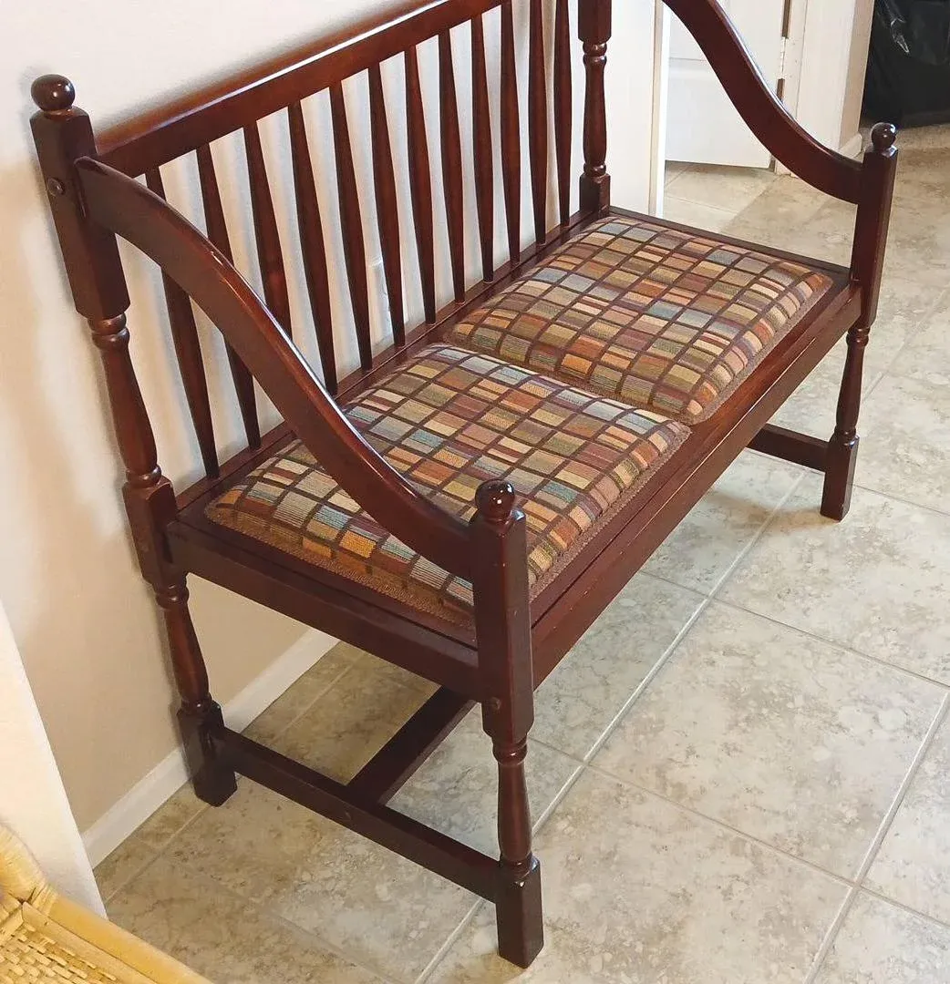Antique Inspired Spindle Back Cherrywood Hall Bench With Removable Upholstered Seat. Chairish