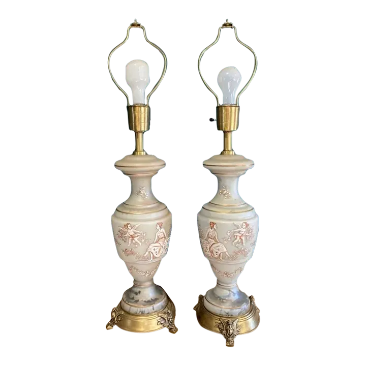 1950's Hand Painted Greek Lamps With Brass Bases, Set of 2 | Chairish