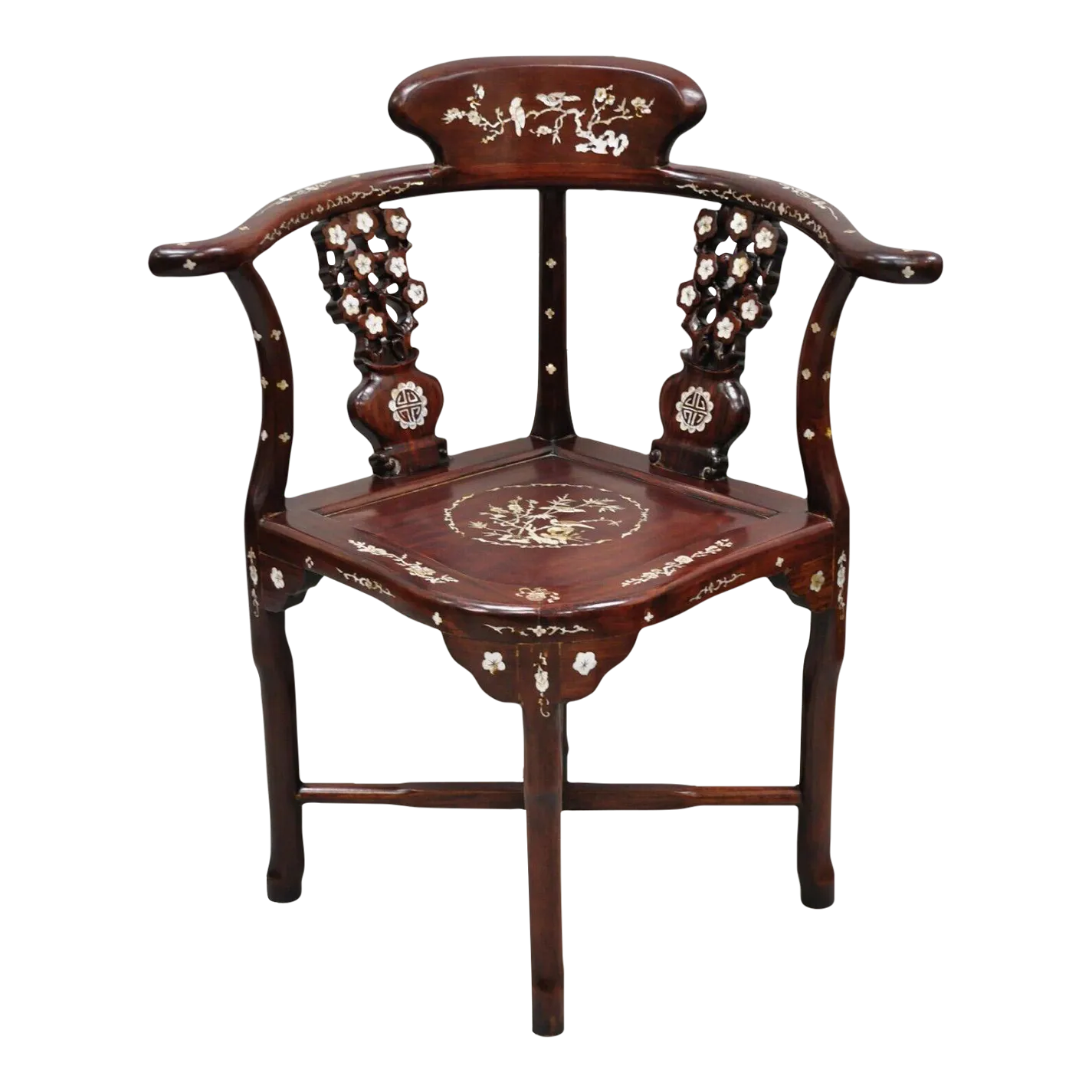 Vintage Chinese Carved Hardwood Corner Lounge Chair With Mother of ...