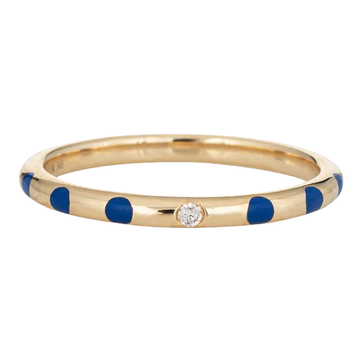 Blue Polka Dot Enamel Diamond Ring Sz 6.5 14k Yellow Gold Stacking Band ...