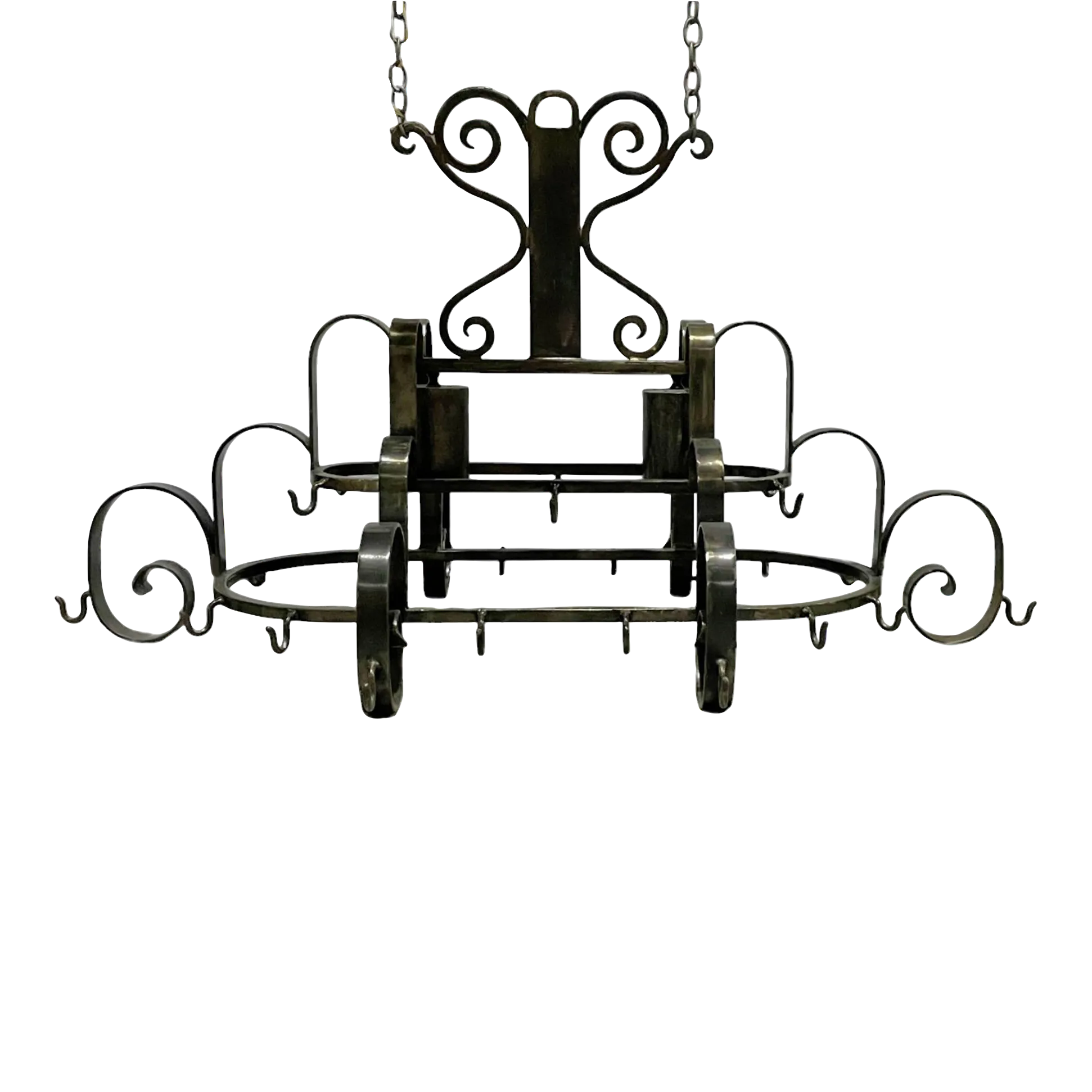 Aged Iron Lighted Pot Rack | Chairish