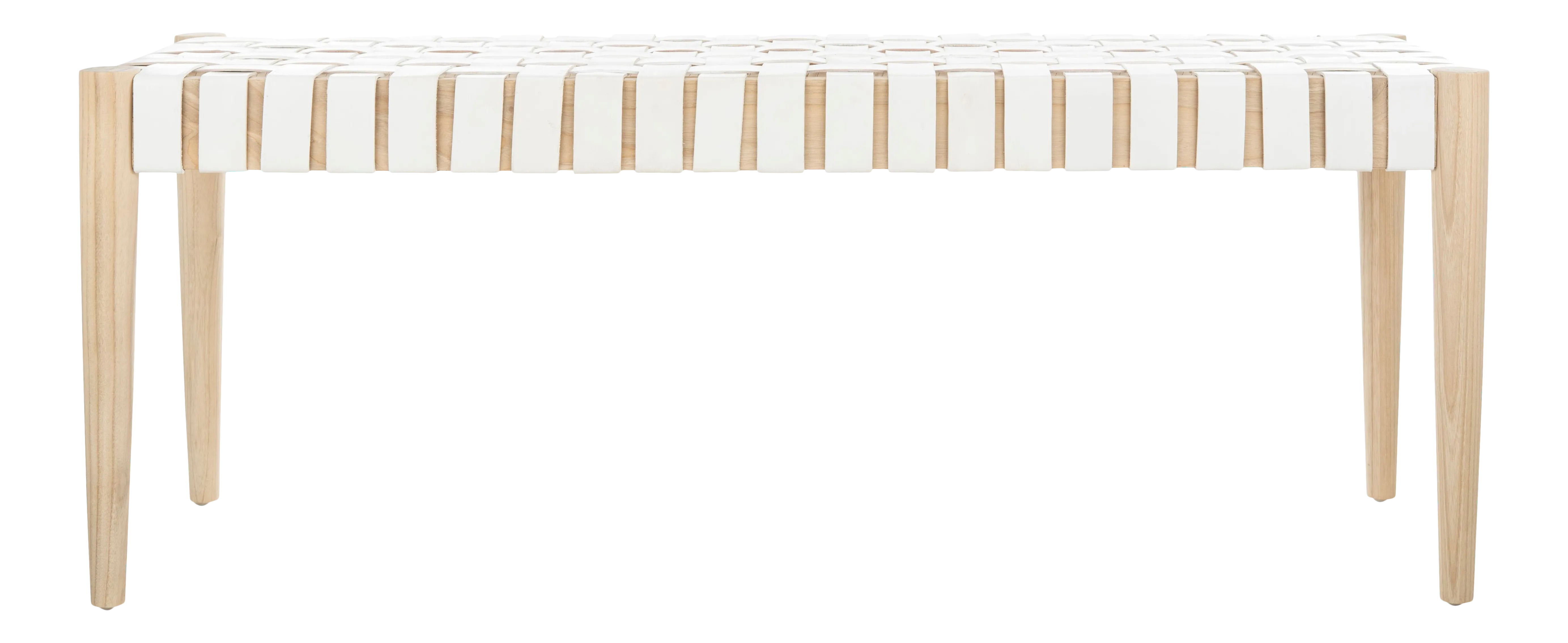 Leather Weave Bench in White & Natural | Chairish