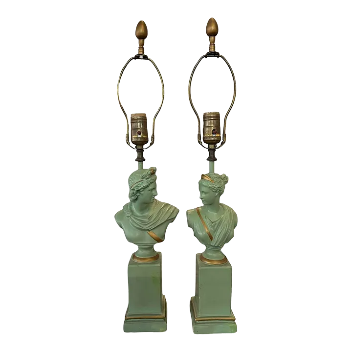 1950s Pair of Figural Neoclassical Lamps Depicting Busts of a Man and a ...