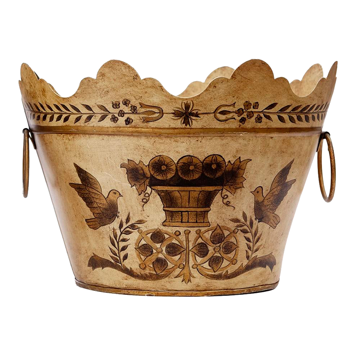 Large 1960s Painted Tin Pot with Birds | Chairish