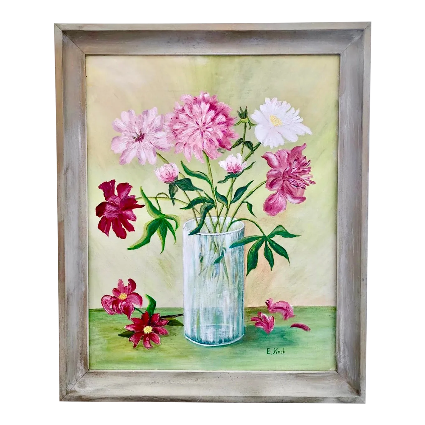 Elizabeth Koch Original Painting “Peonies in Vase” in Distressed Wood ...