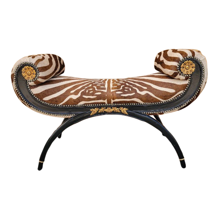 Antique Regency Style Ebonized Scroll-Arm Bench Newly Upholstered ...