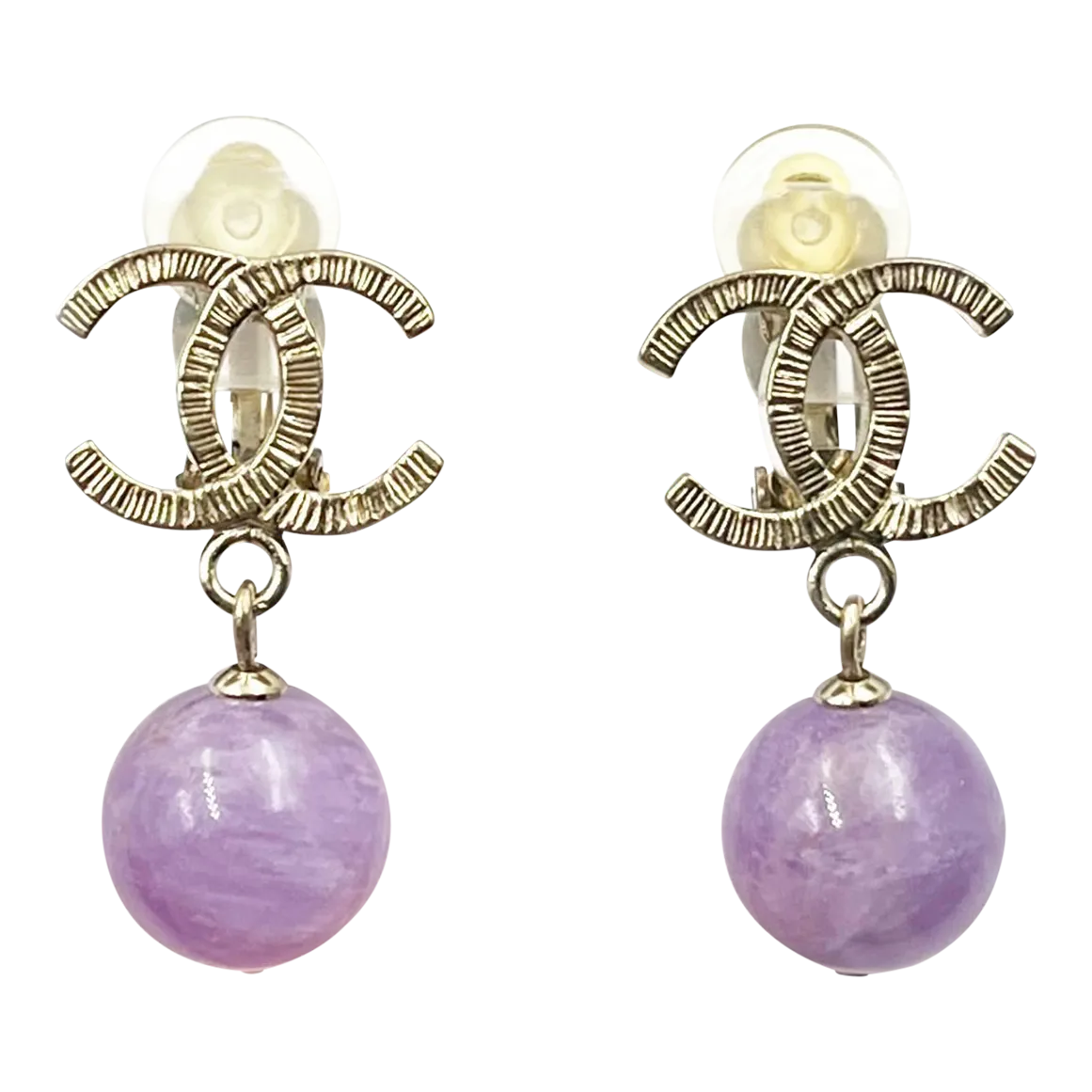 Chanel Gold CC Lavender Stone Clip on Earrings - 2 Pieces | Chairish