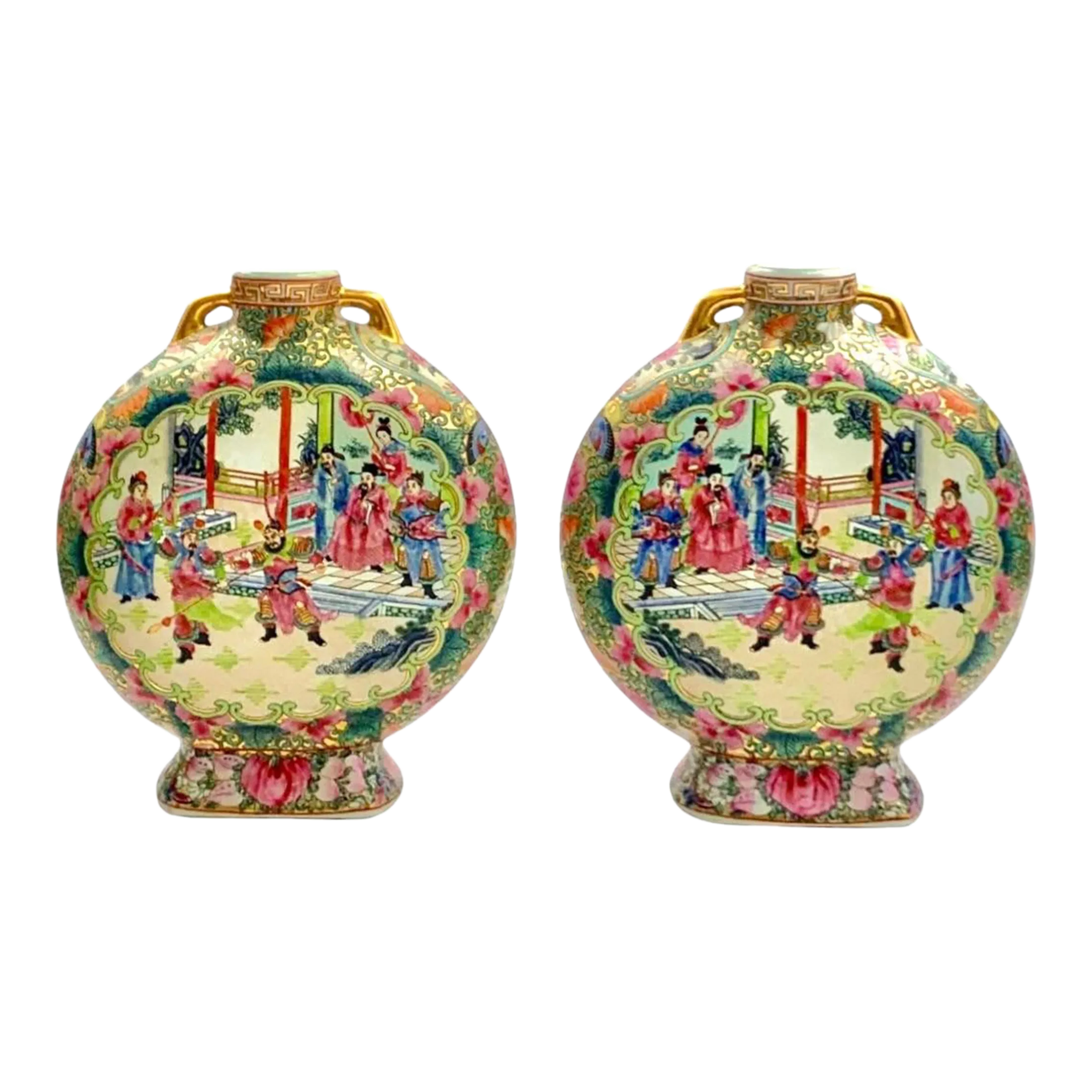 Vintage Pair of Porcelain Asian Moon Flask Vases with Medallion Design ...