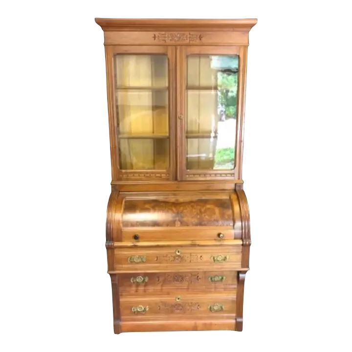 Antique Victorian Cylinder Roll Secretary W/ Bookcase | Chairish