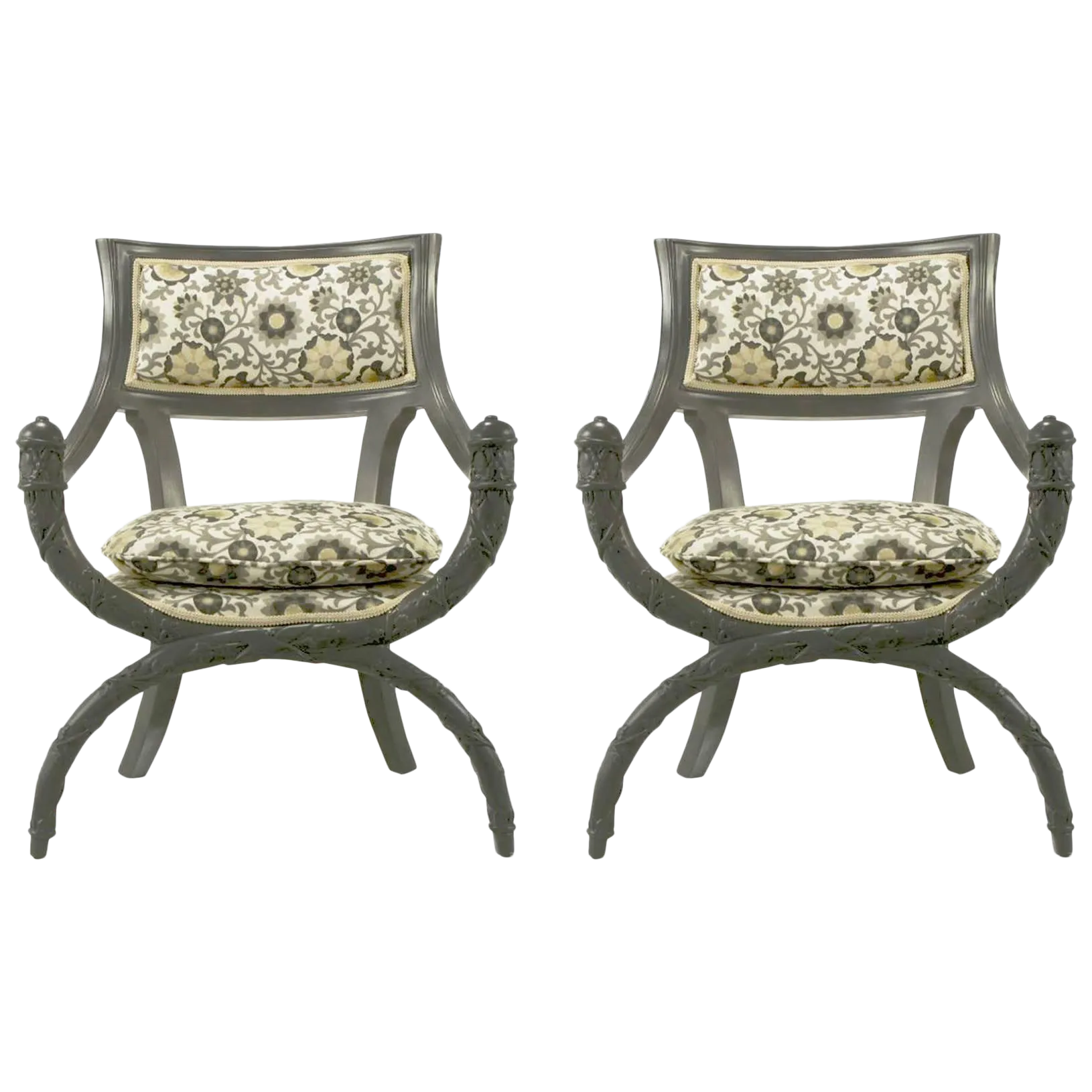 Carved Wood Curule Chairs in Slate Grey Lacquer - a Pair | Chairish