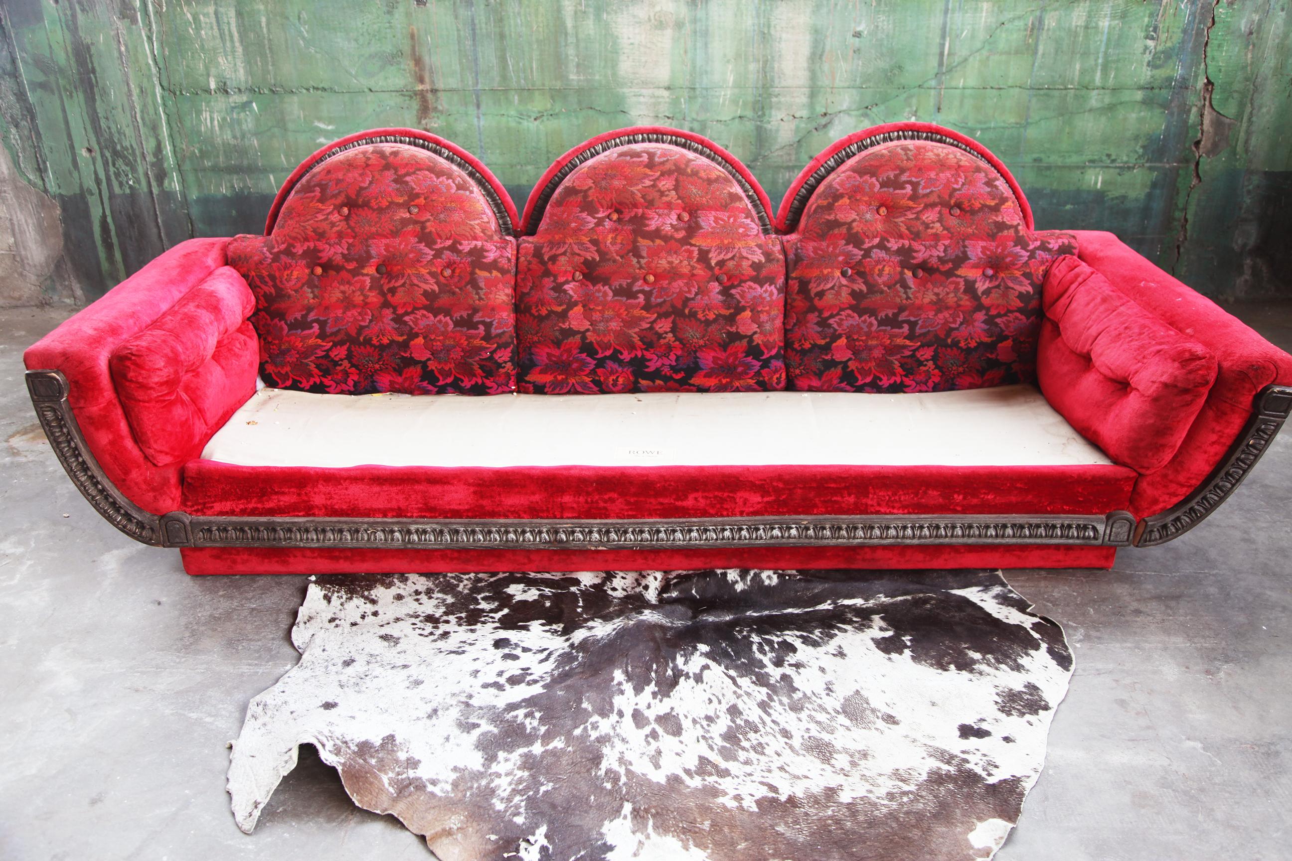 1970s Mid Century Modern Red Velvet Three Seater Plinth Base Sofa in the Style of Adrian Pearsall Strictly Spanish
