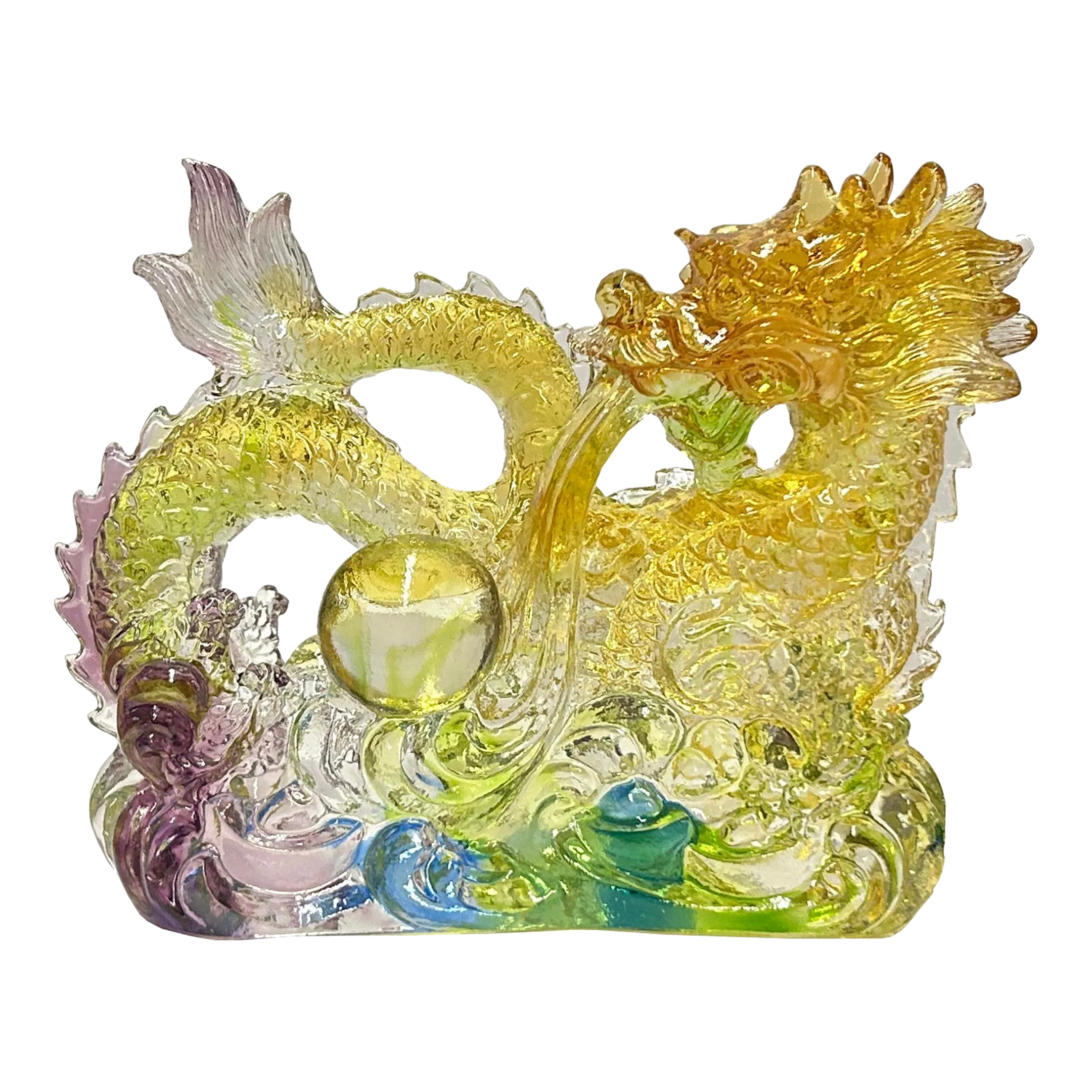 Chinese Orange Yellow Crystal Glass Dragon W Ball on Wave Figure | Chairish