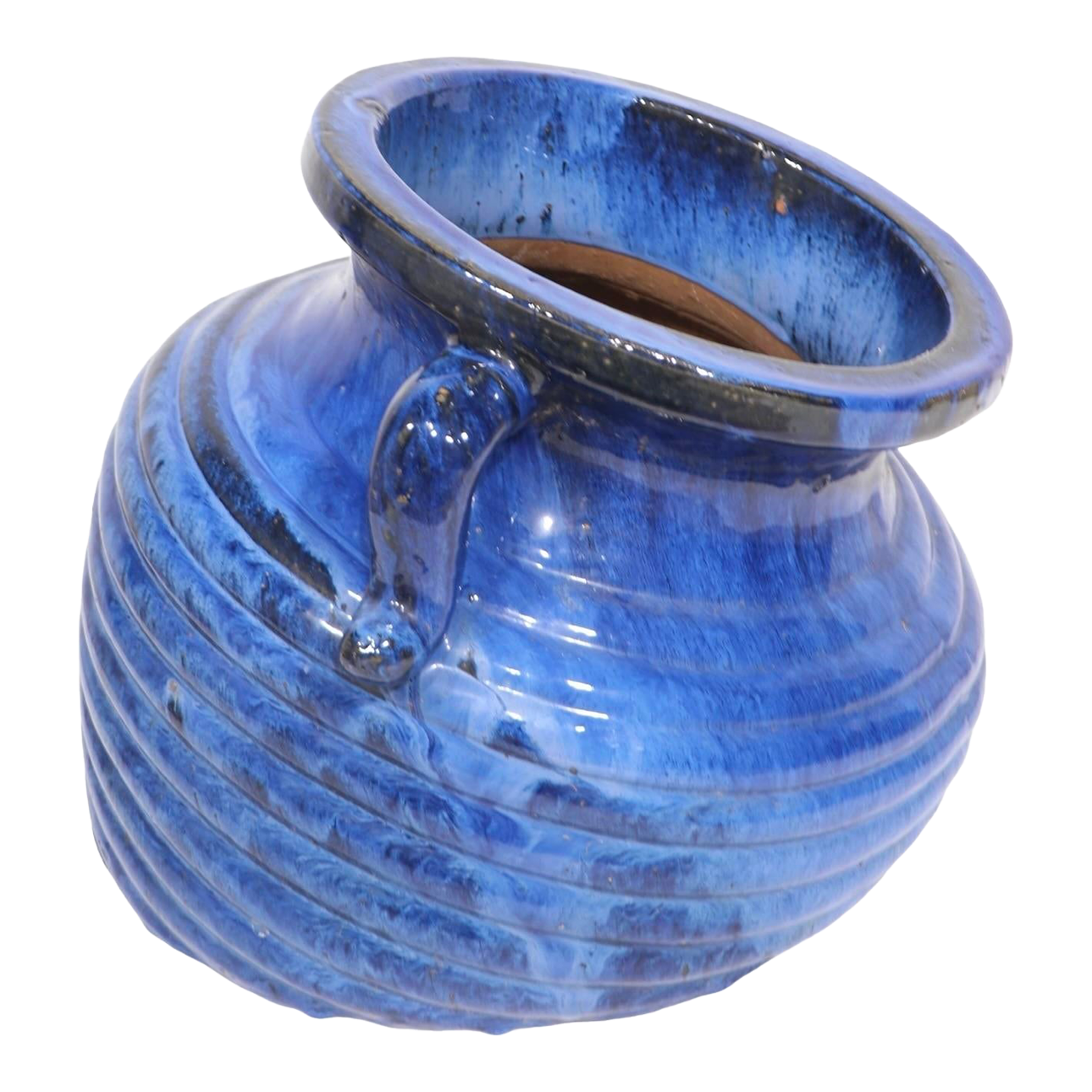 Sunken Vase Tilted Pottery Vase in Blue Glaze Finish | Chairish