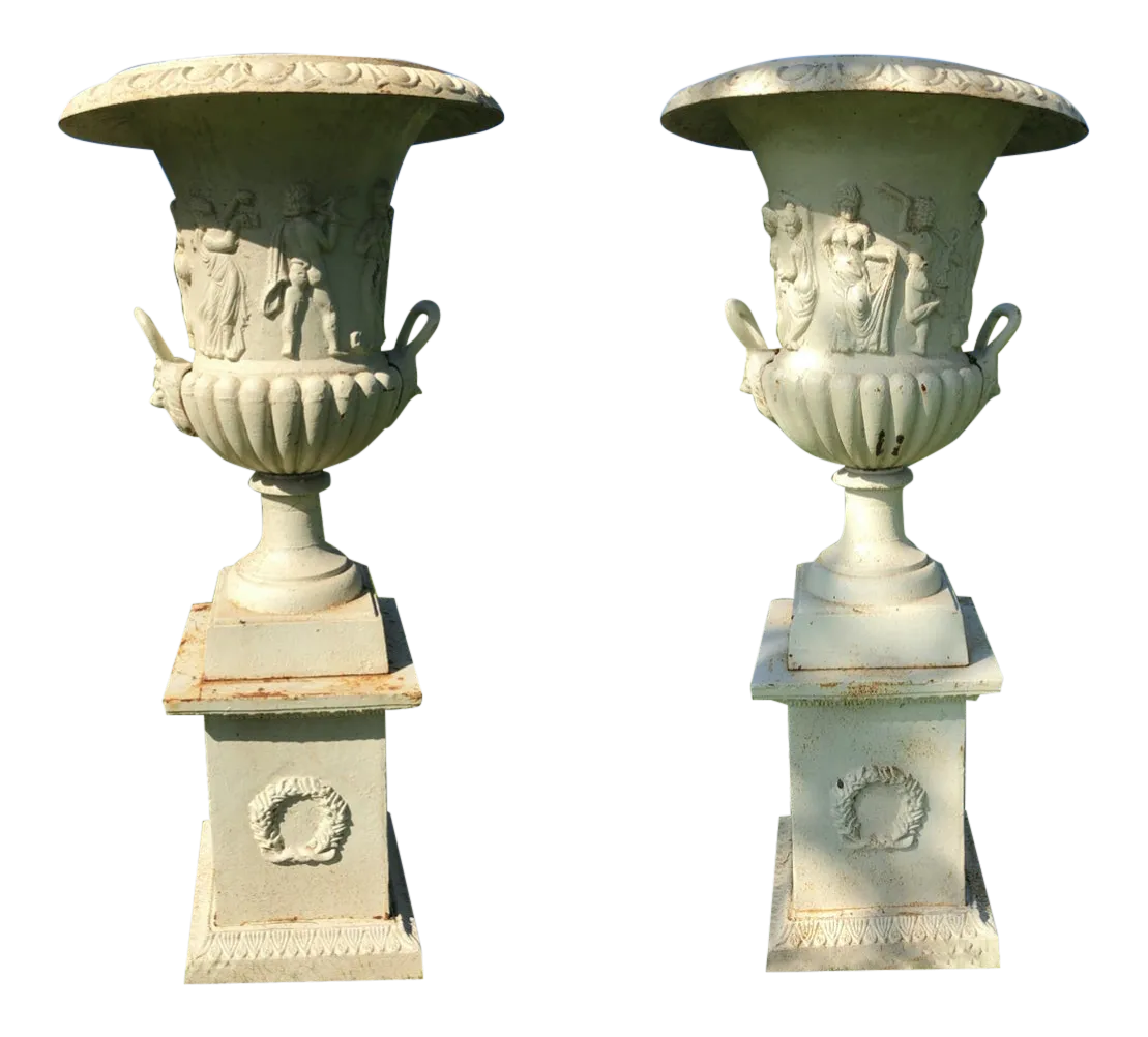 Cast Iron Greek Revival Garden Estate Urns on Pedestals - a Pair | Chairish