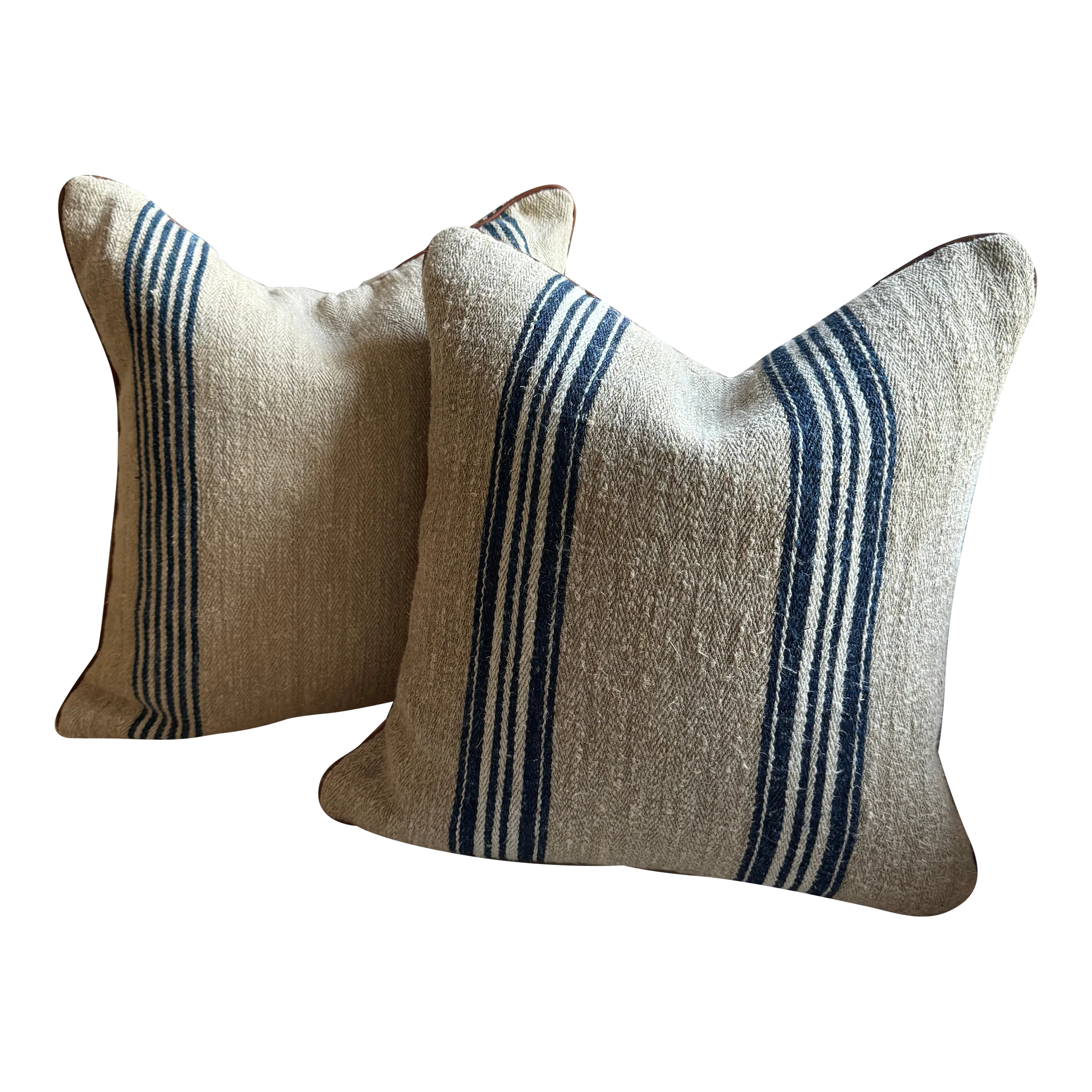 Pair of Vintage Rustic French Grain Sack Pillows, Navy Stripe With ...