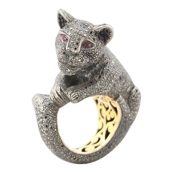 Black Diamond 14k & Sterling Silver Panther Ring With Ruby Eyes Size 7. ...