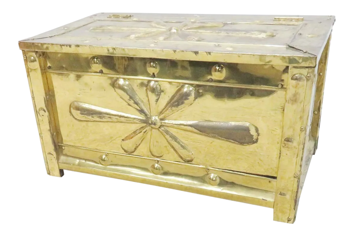 Decorative Embossed Brass Kindling Box | Chairish
