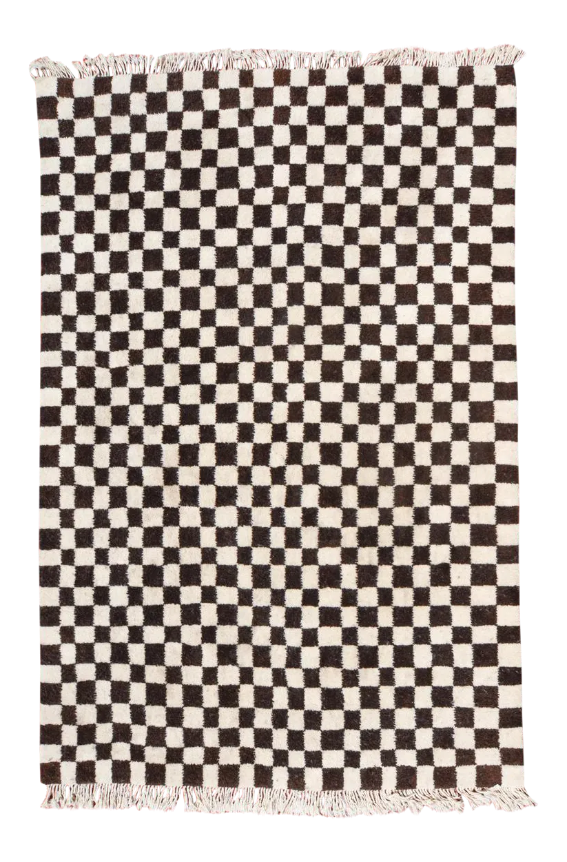 Dark Brown & White Checkered Moroccan Wool Area Rug - 4x6 | Chairish