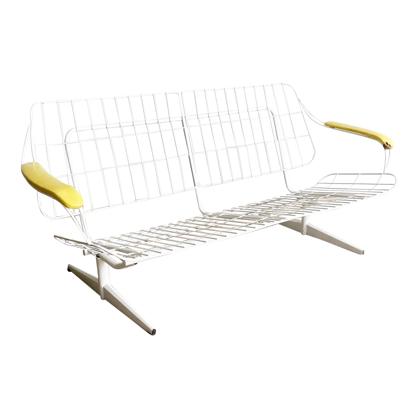 Danish Modern White Wire Metal Sofa With Yellow Arm Rests | Chairish