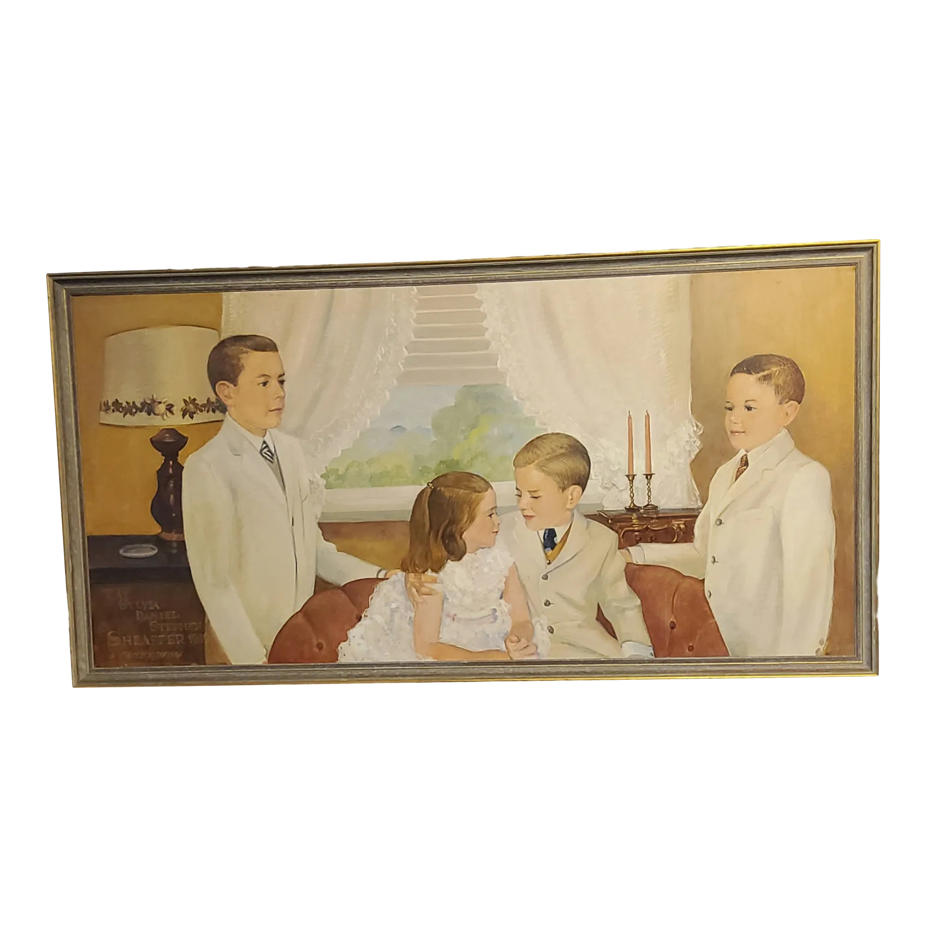 Vintage Family Portrait Mural Sized Oil Painting on Board by c.x ...