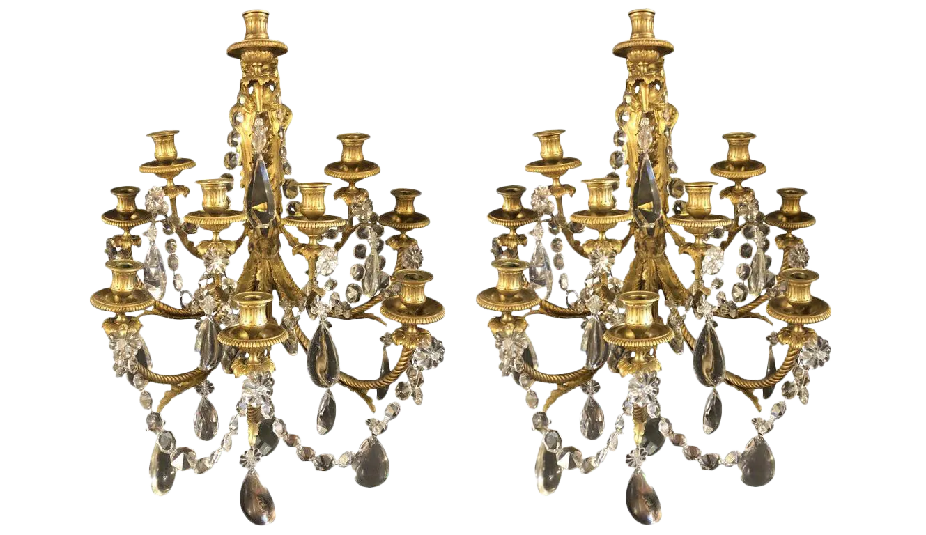 Pair of Antique Bronze and Crystal Sconces by Paul Garnier | Chairish