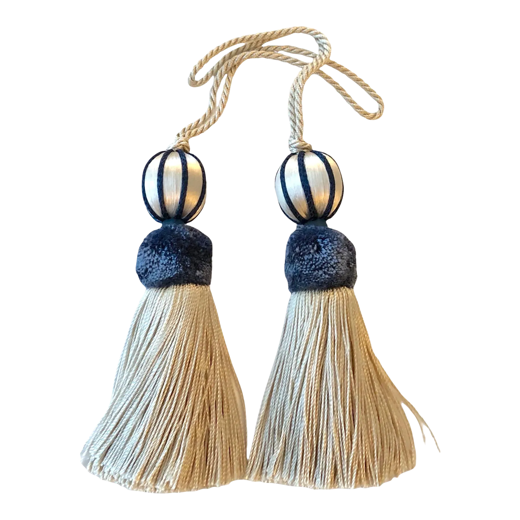 Pair of Petite Navy Blue and White Key Tassels | Chairish