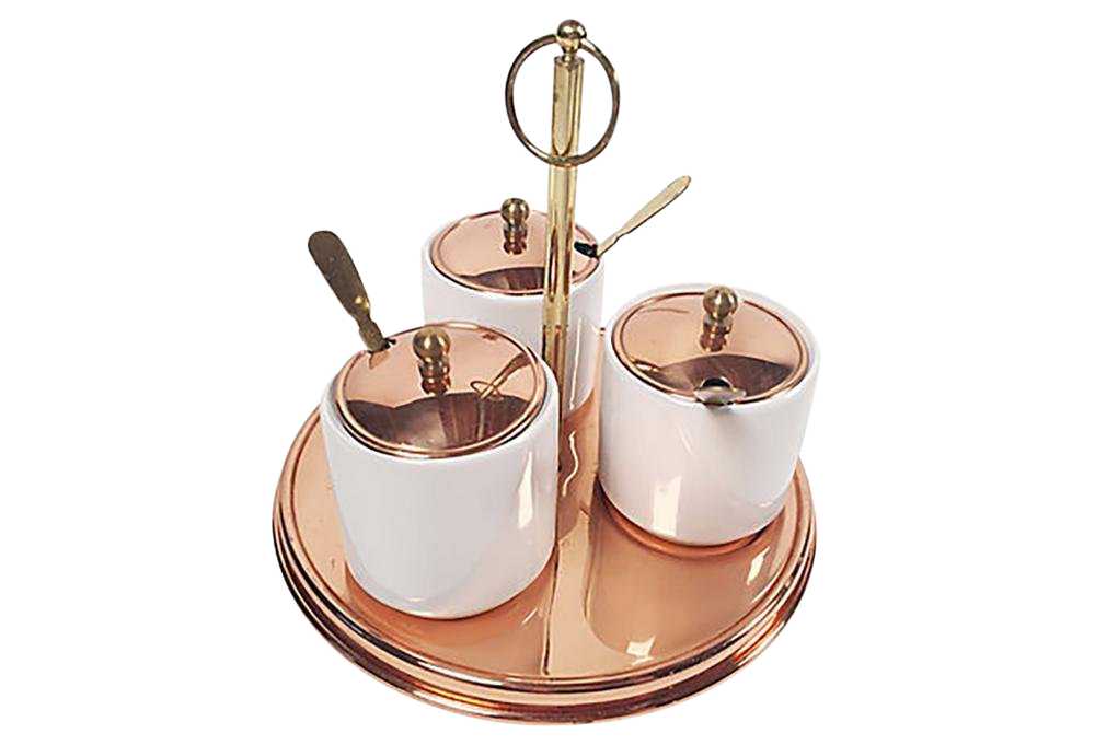 Vintage Copper and Ceramic Condiment Serving Caddy Set | Chairish