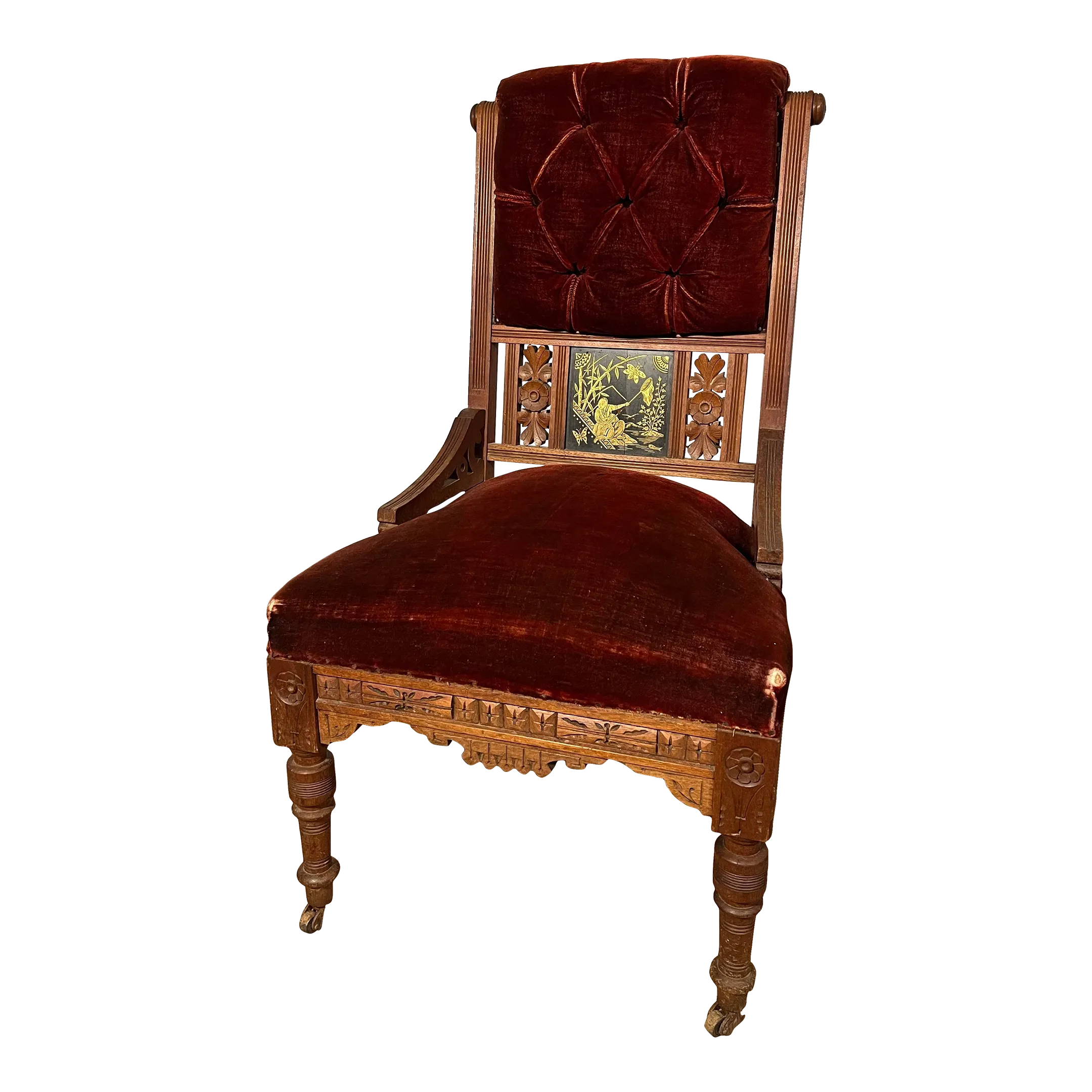 Early 1900s Eastlake Red Upholstered Chair | Chairish