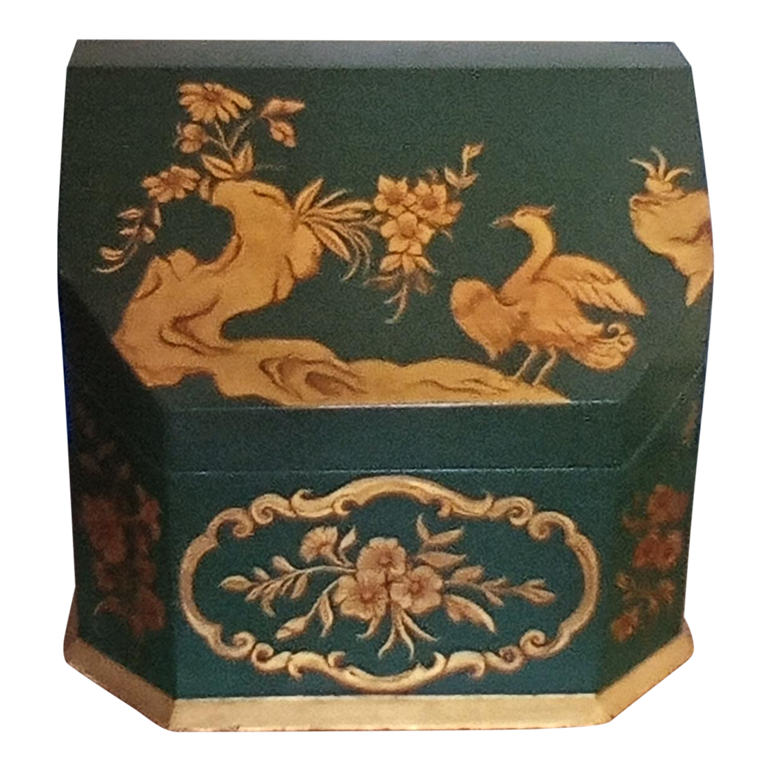 1970s Forest Green and Gold Hand-Painted Chinoserie Isabel O'Neil Studio Stationery Box | Chairish