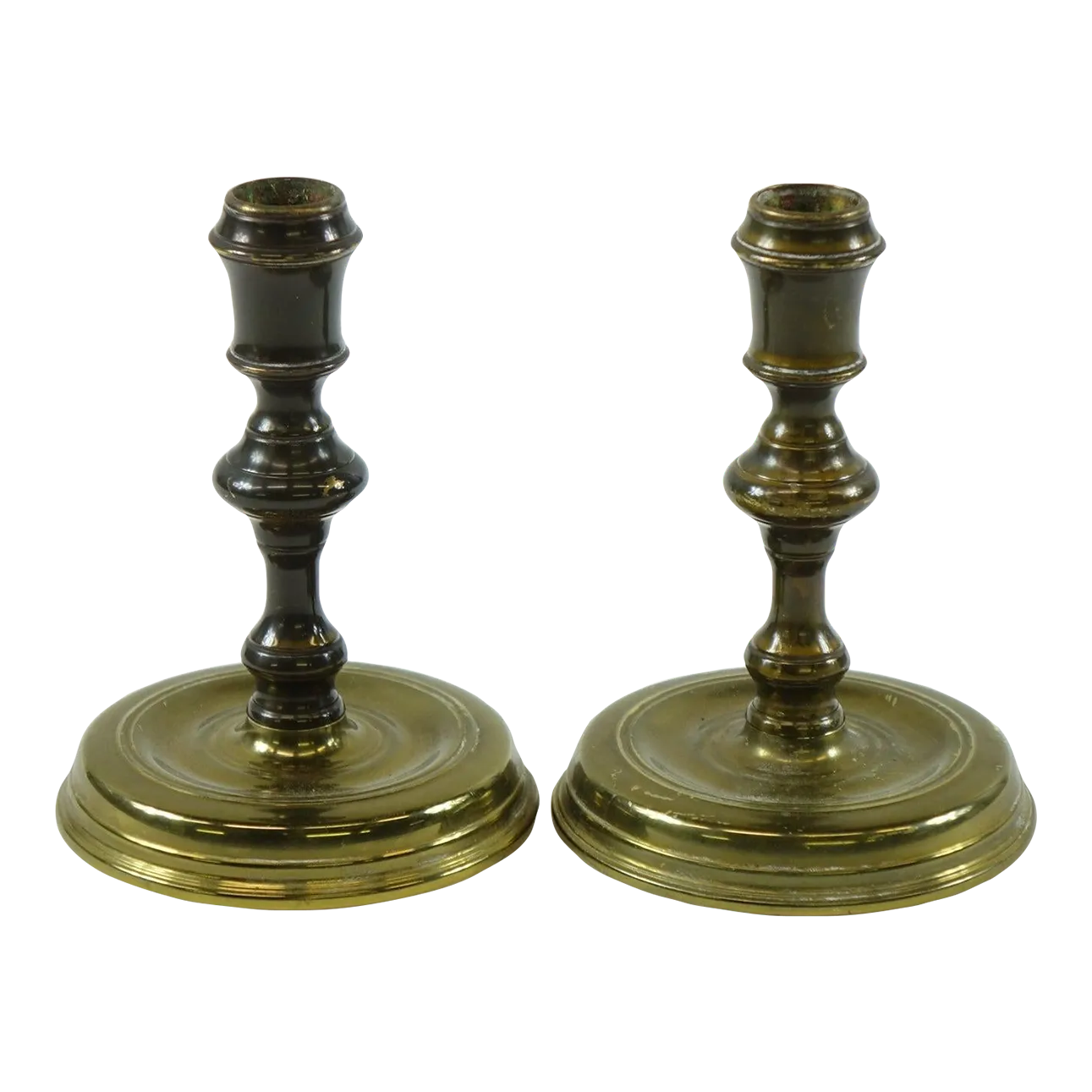 Antique Late 19th Century Solid Brass Candlesticks With Round Base- a ...
