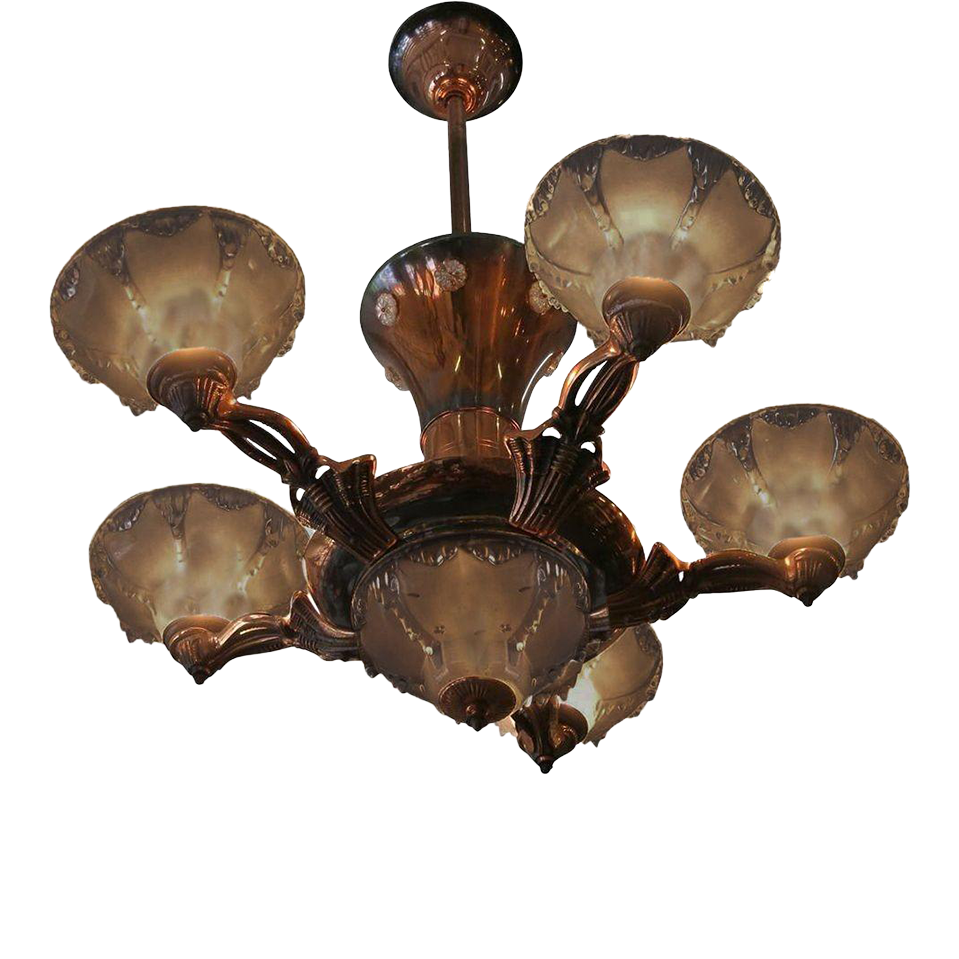 1930s French Copper Art Deco Chandelier With Frosted Glass Shades By