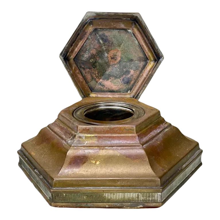 Antique Traditional Brass Hexagonal Fountain Pen Desk Inkwell | Chairish