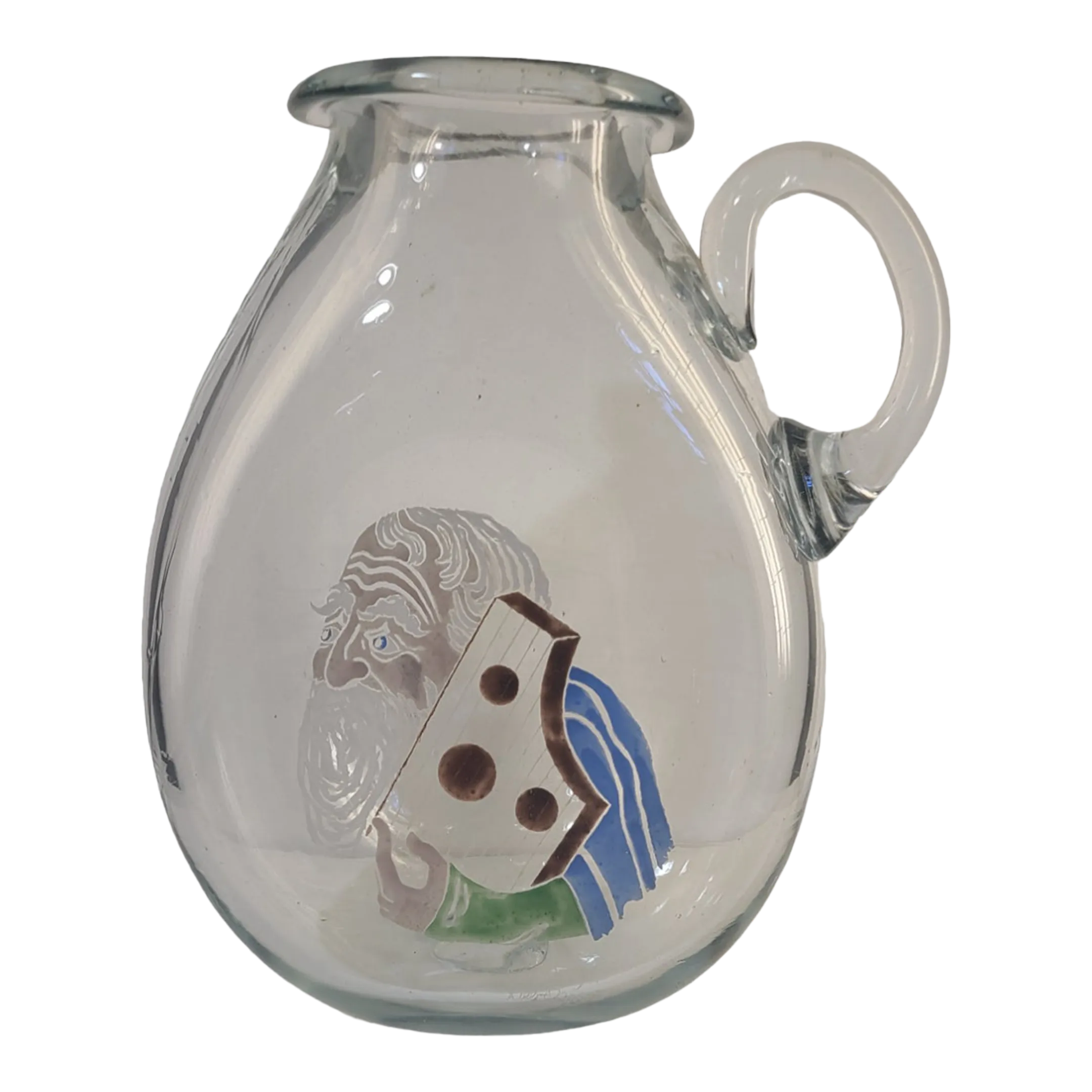 Vintage Judaica Hand Painted Moses Hand Blown Art Glass Pitcher | Chairish