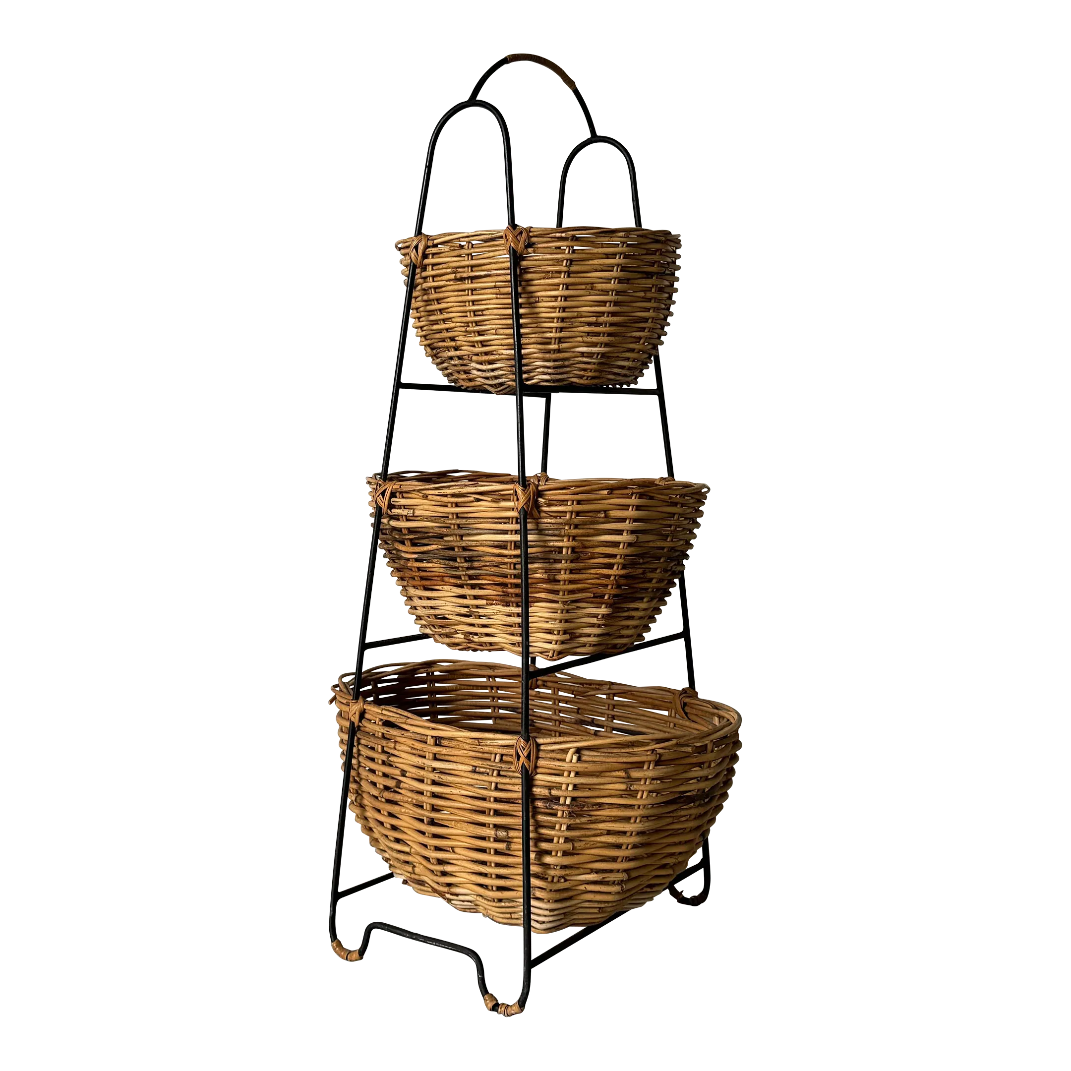 Vintage Organic Rattan and Wrought Iron Three-Tiered Basket Stand ...
