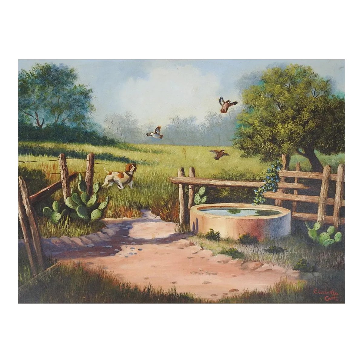 Vintage Hunting Dog Quail Old Ranch Landscape Painting | Chairish