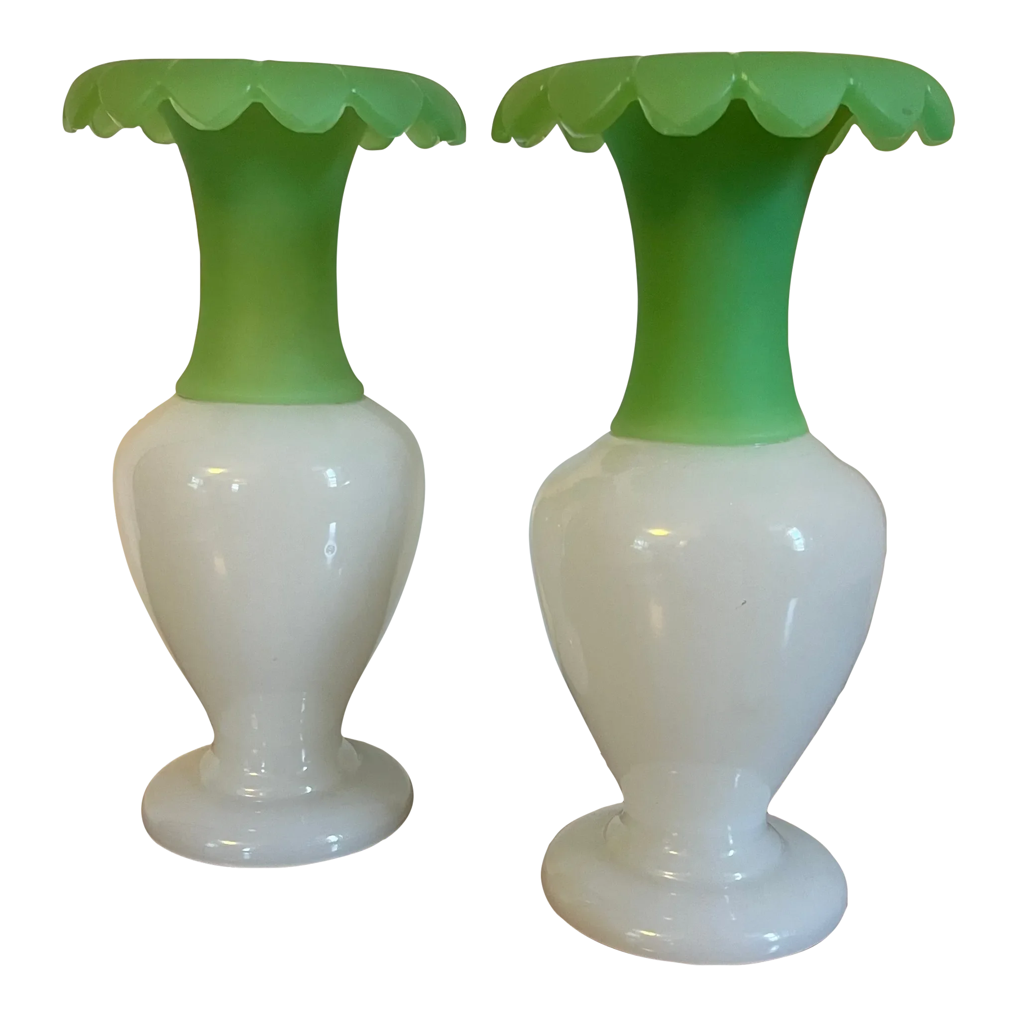 Antique 19th C. French Opaline Apple Green & White Glass Vases - a Pair ...