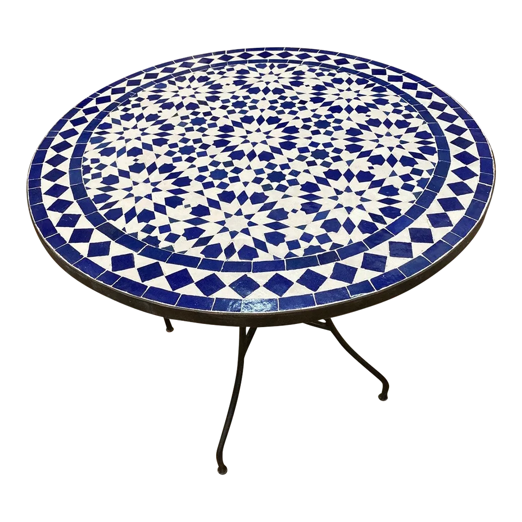 Round Blue Mosaic Table With Moroccan Decor Art | Chairish