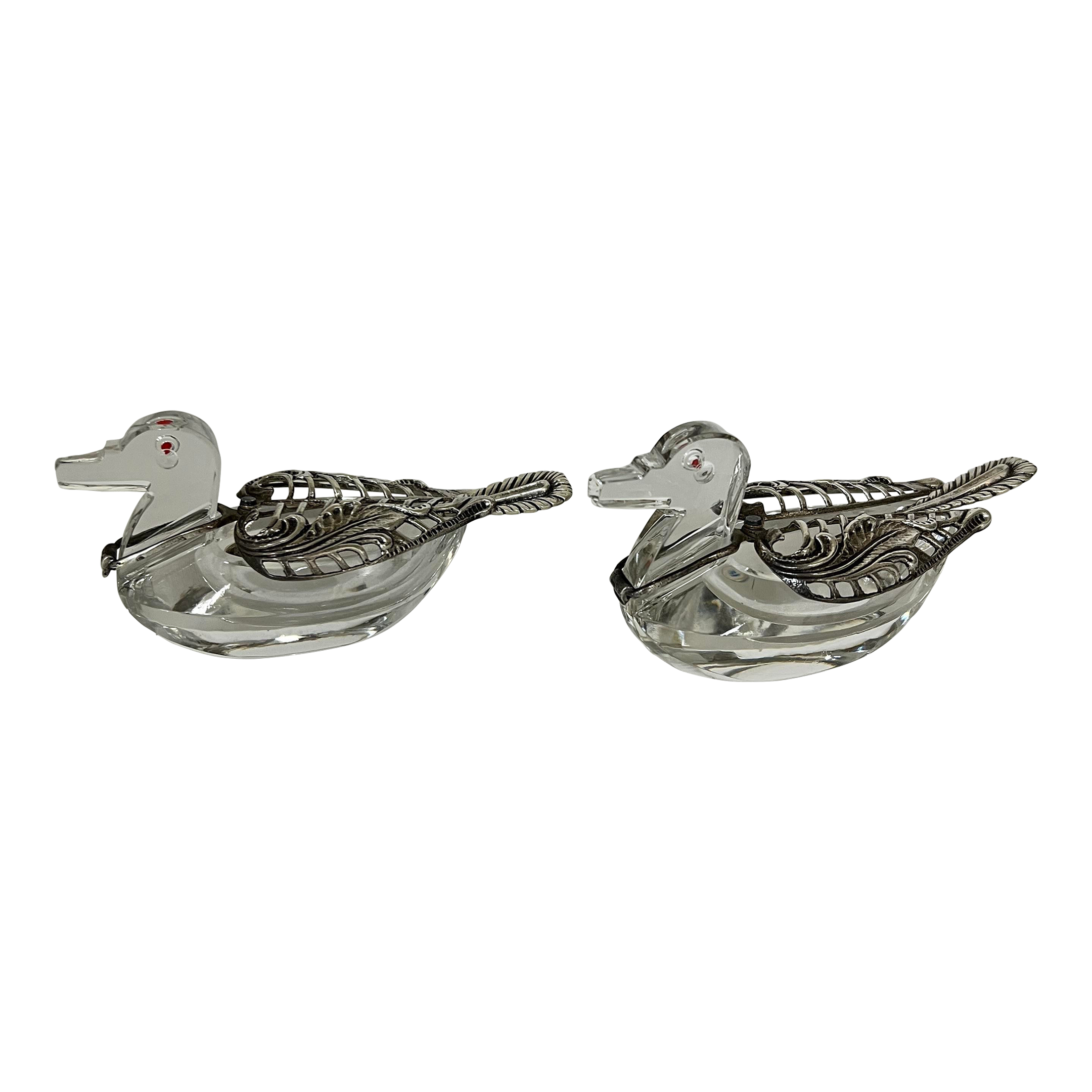Rare Red Eyed Glass Duck Salt Cellars With .800 Silver Wings and Spoons ...