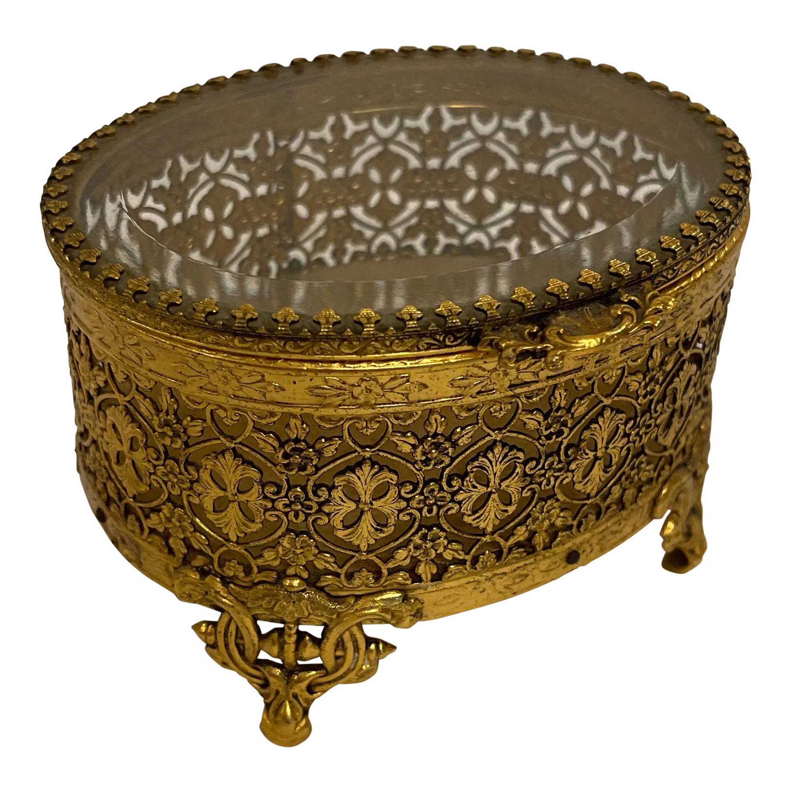Mid 20th Century French Filigree Brass Jewelry Casket | Chairish